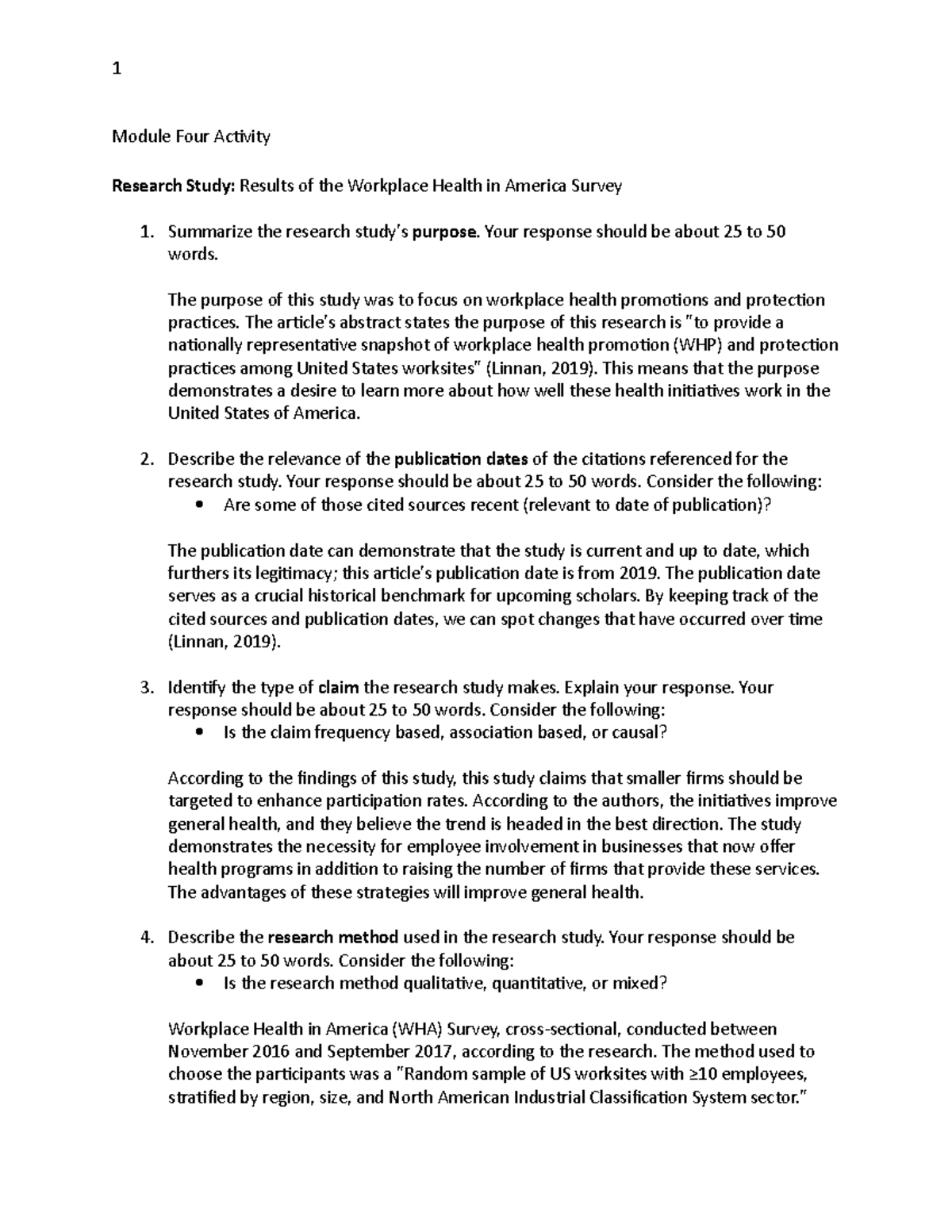 PSY222 Module Four Activity - Module Four Activity Research Study: Results of the Workplace ...