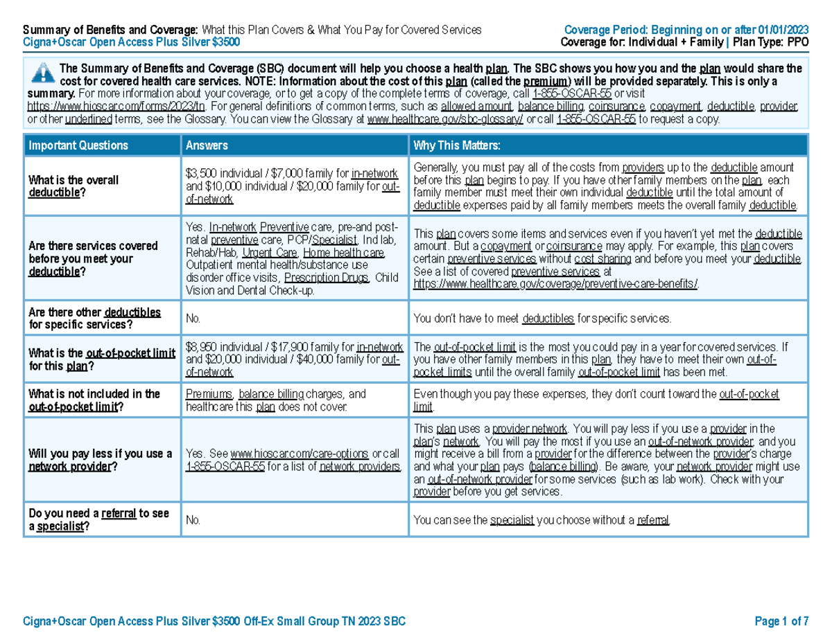 Cigna plus oscar cignaoscar open access plus silver 3500d - Summary of ...