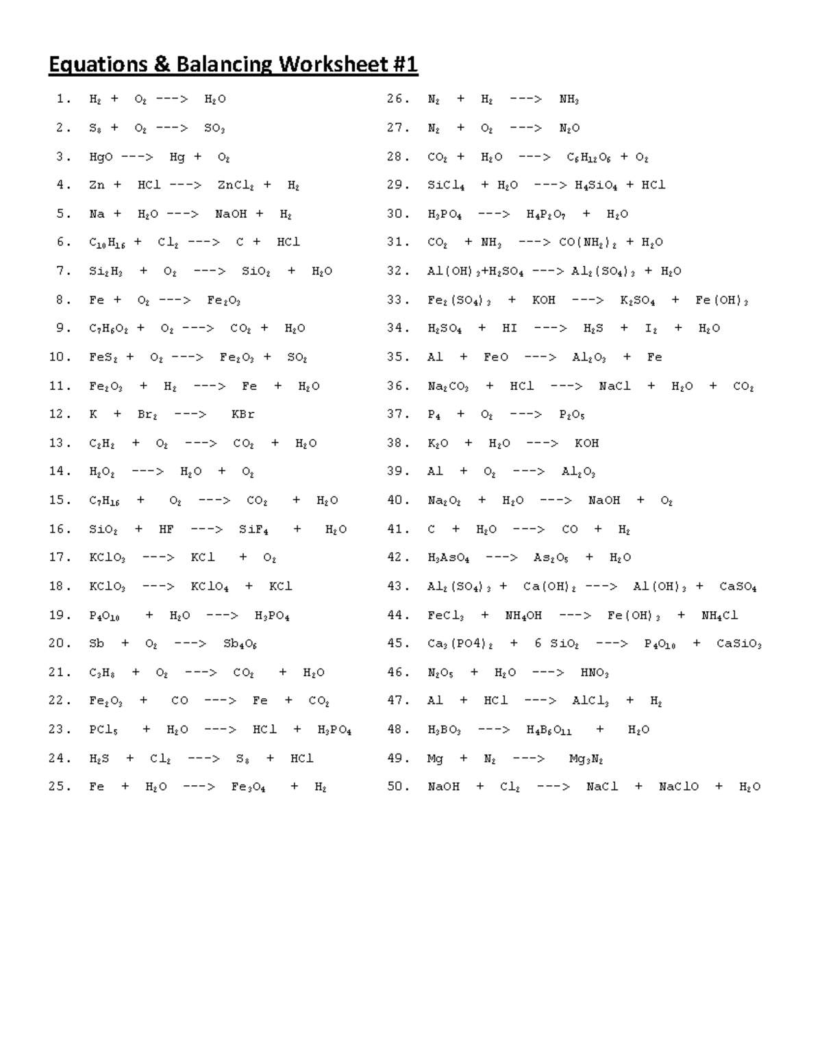Balancing worksheets - 1. H 2 + O 2 -> H 2 O 26. N 2 + H 2 -> NH 3 2. S ...