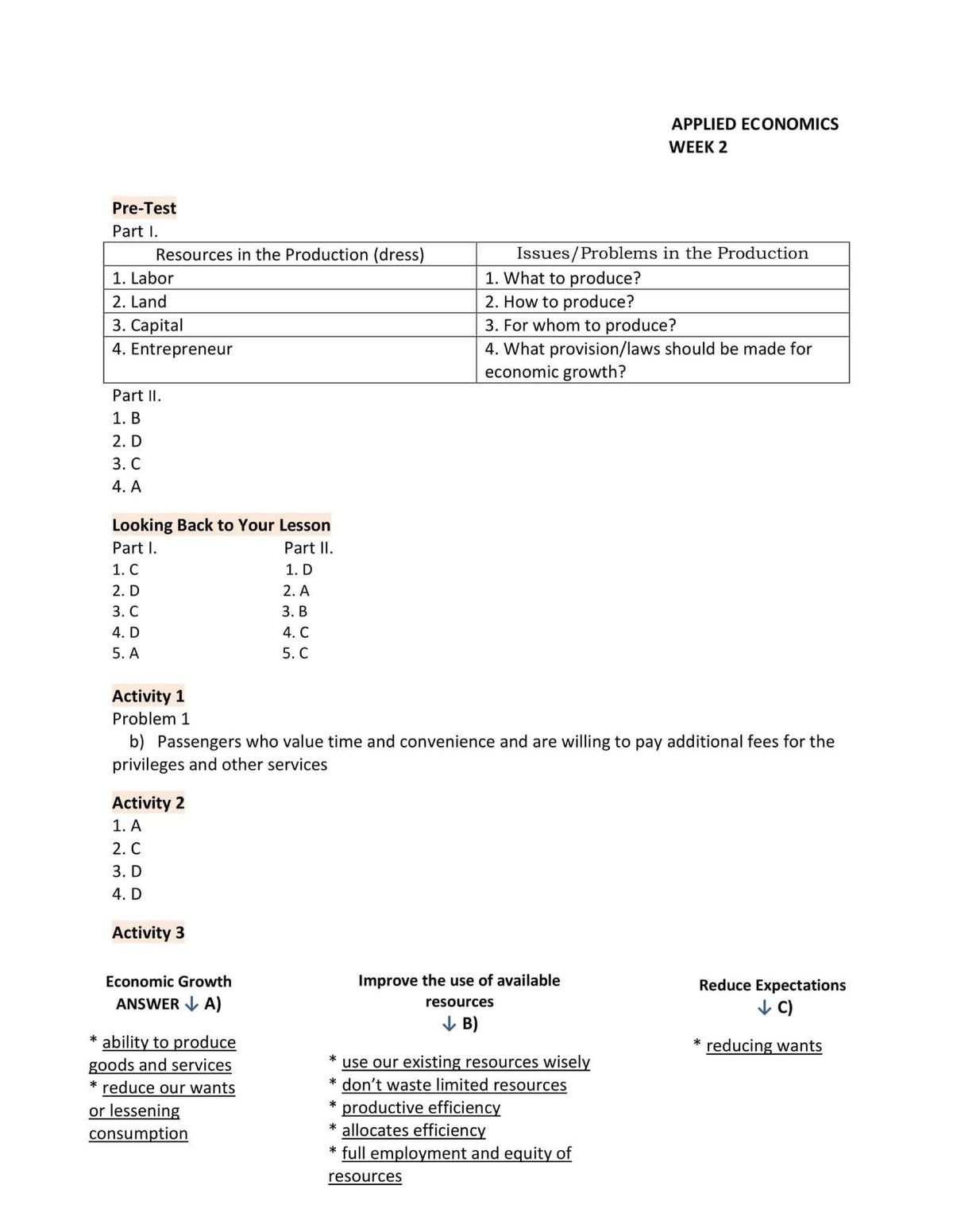 Applied Economics Q1 WEEK 2 Module 2 Basic Economic Problems and How ...