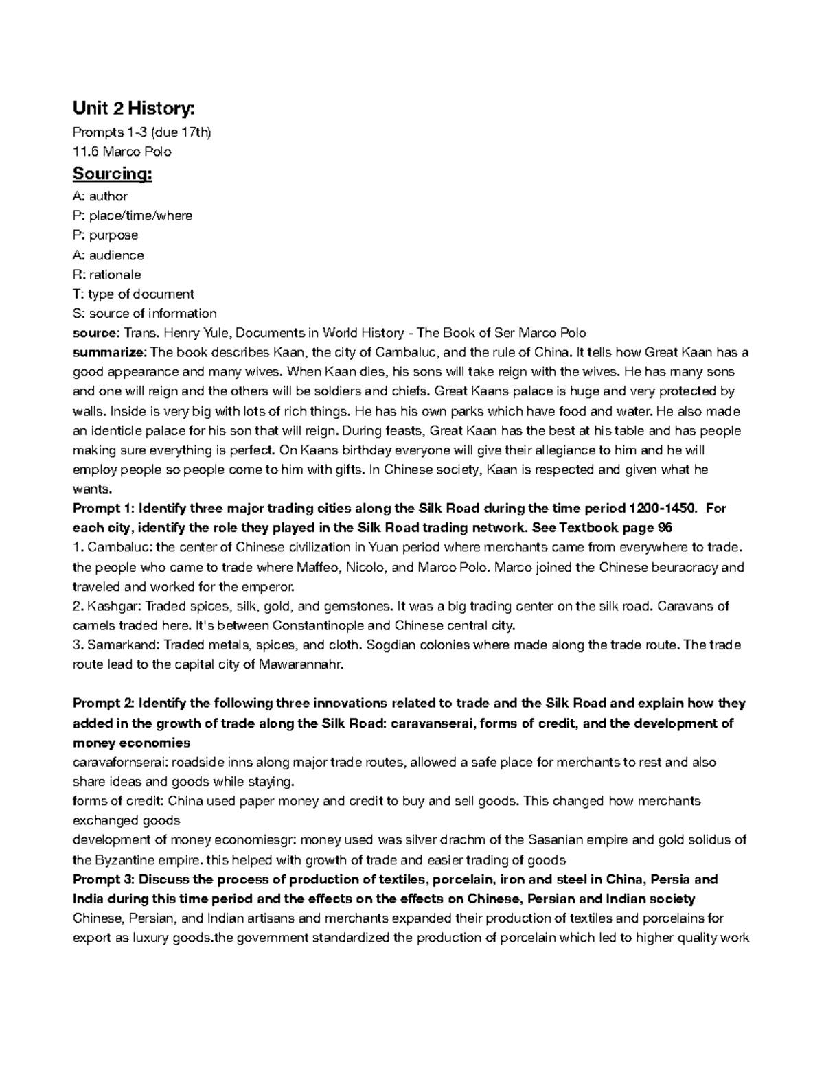History - Unit 2 History: Prompts 1-3 (due 17th) 11 Marco Polo Sourcing ...