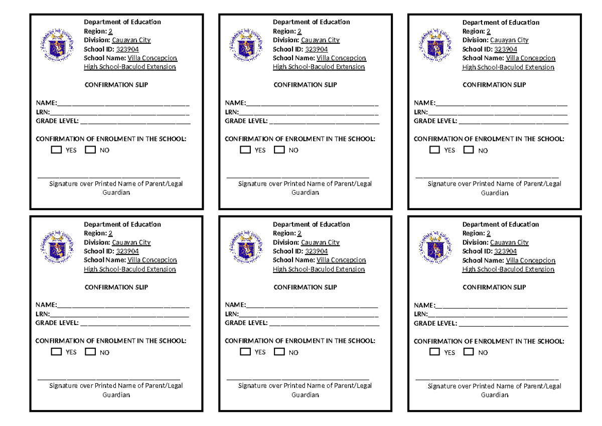Confirmation SLIP - Department of Education Region: 2 Division: Cauayan ...