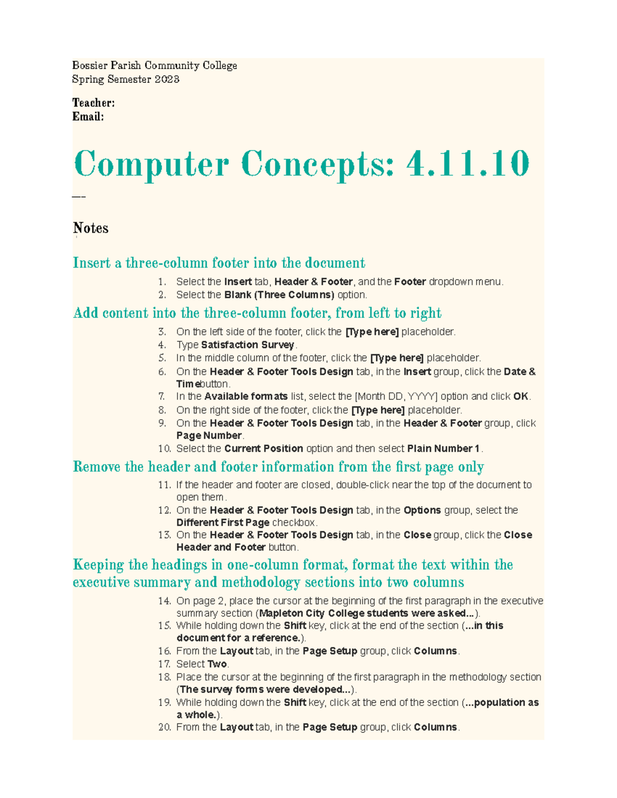 Computer Concepts 41110 Bossier Parish Community College Spring Semester 2023 Teacher Email 