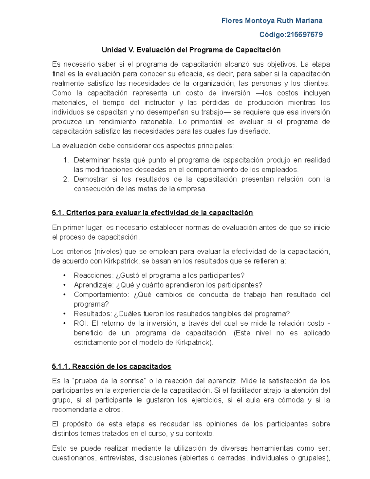Unidad V. Evaluación del Programa de Capacitación - Unidad V. Evaluación del Programa de - Studocu
