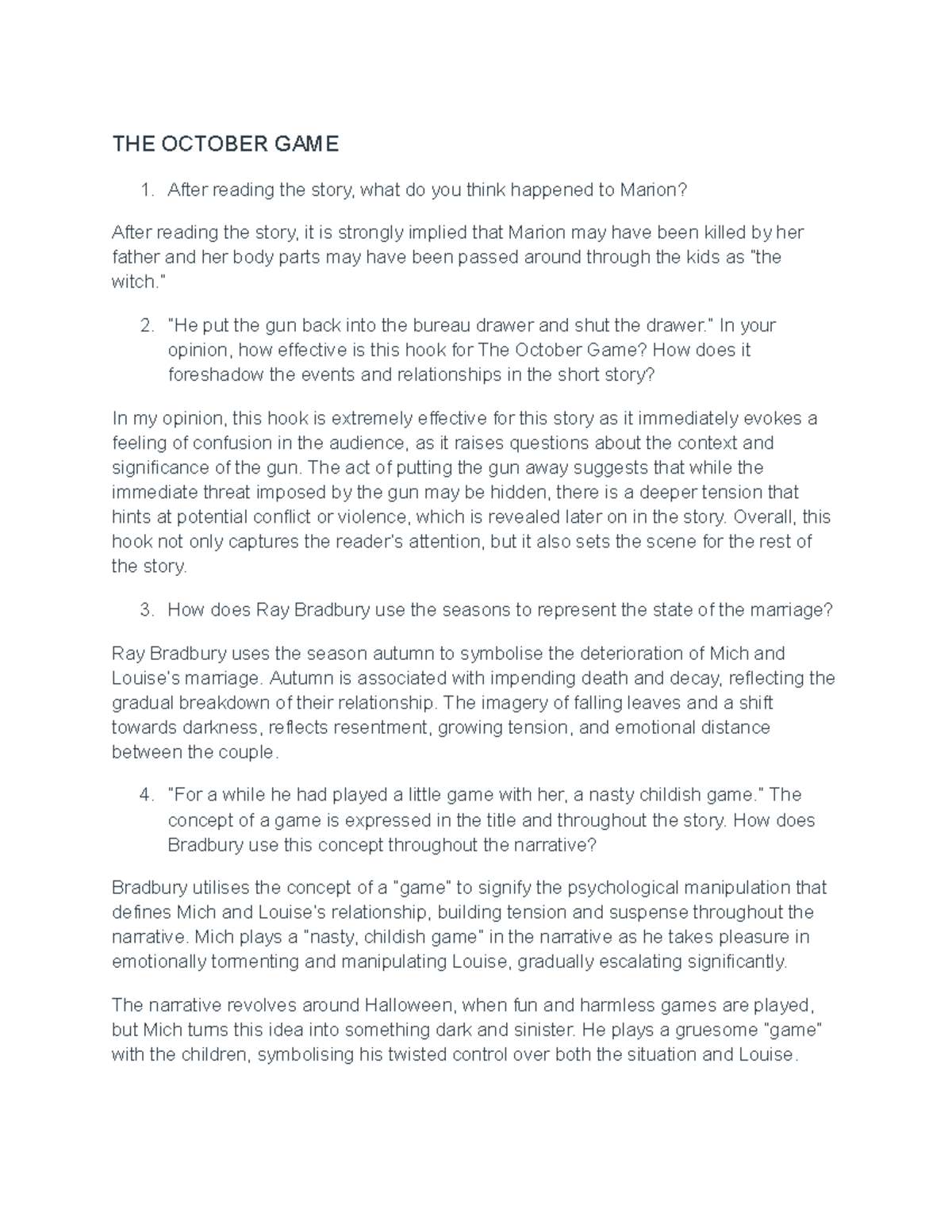 Work - english - THE OCTOBER GAME 1. After reading the story, what do ...