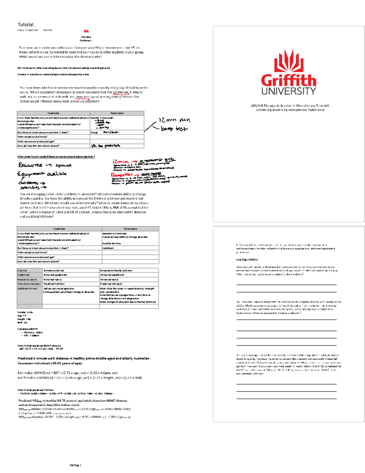 TEP week 8 tut - 2401AHS Therapeutic Exercise for Physiotherapy ...