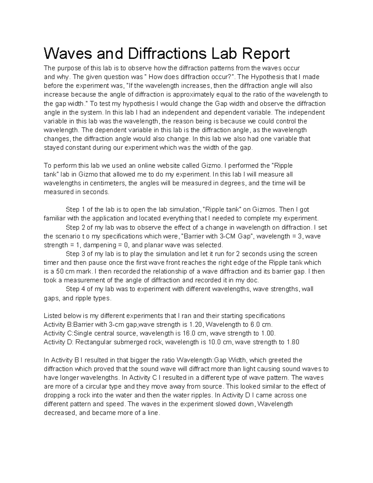 Untitled document - lab report - Waves and Diffractions Lab Report The purpose of this lab is to ...