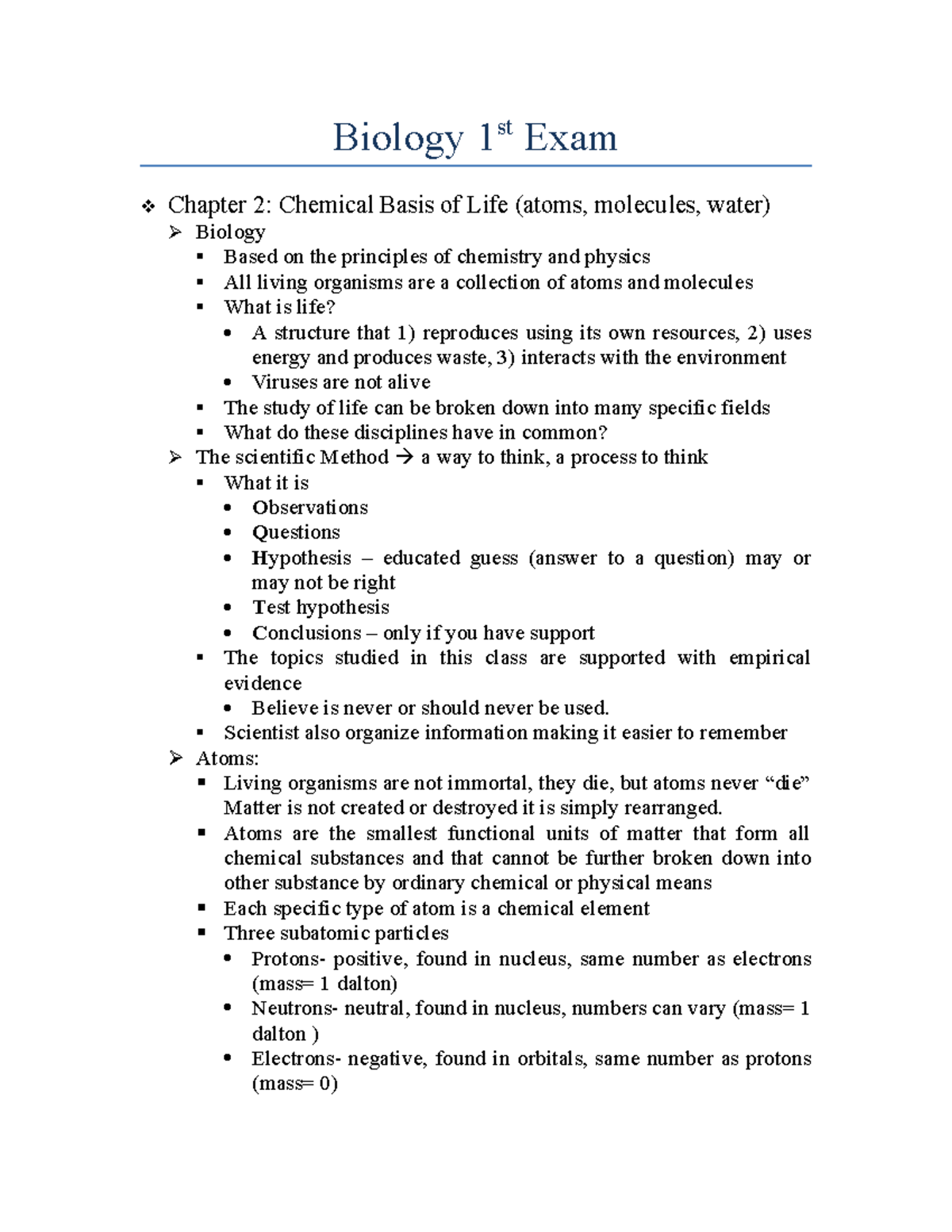 Biology 1st Exam - Krayesky - Biology 1st Exam Chapter 2: Chemical ...