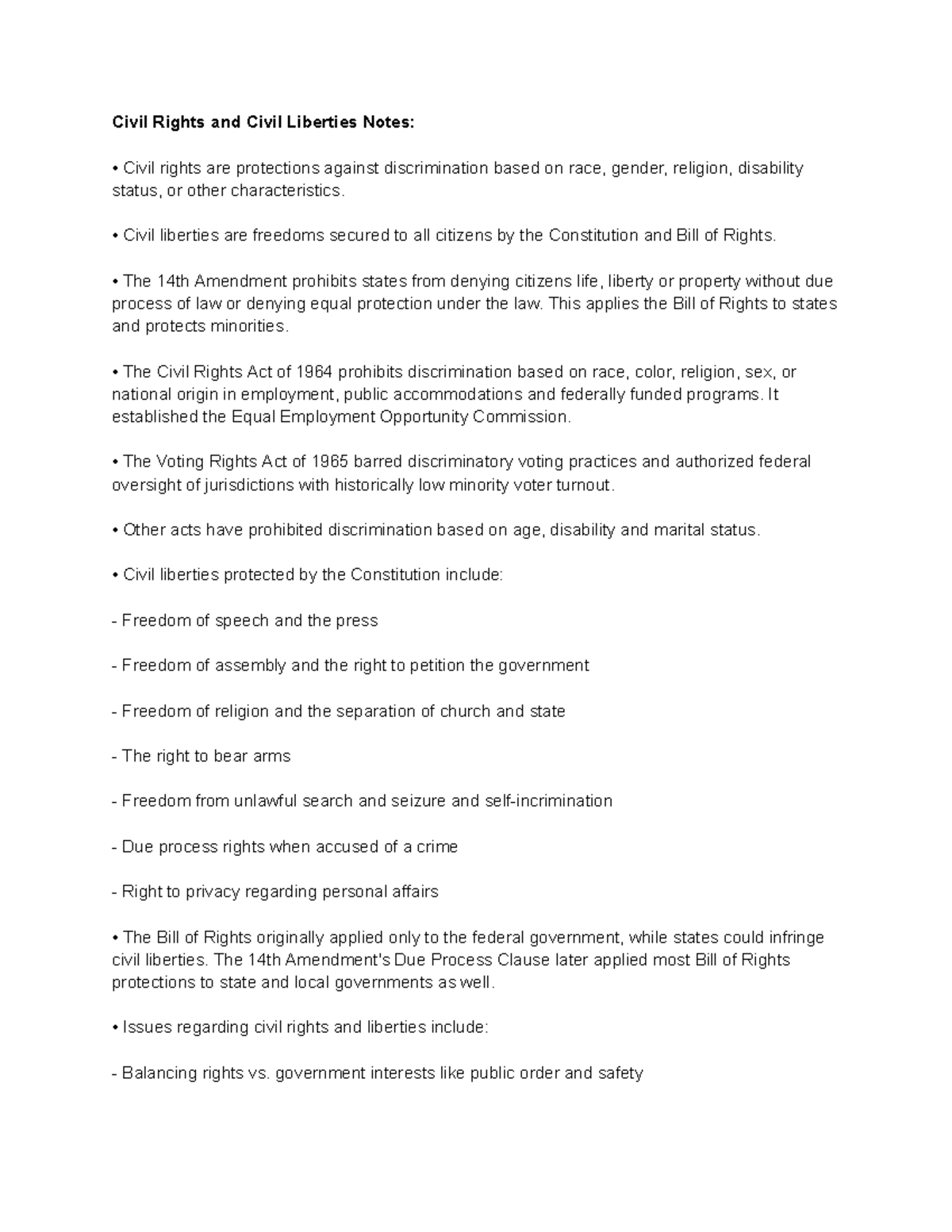 Civil Rights and Civil Liberties Notes - Civil Rights and Civil ...