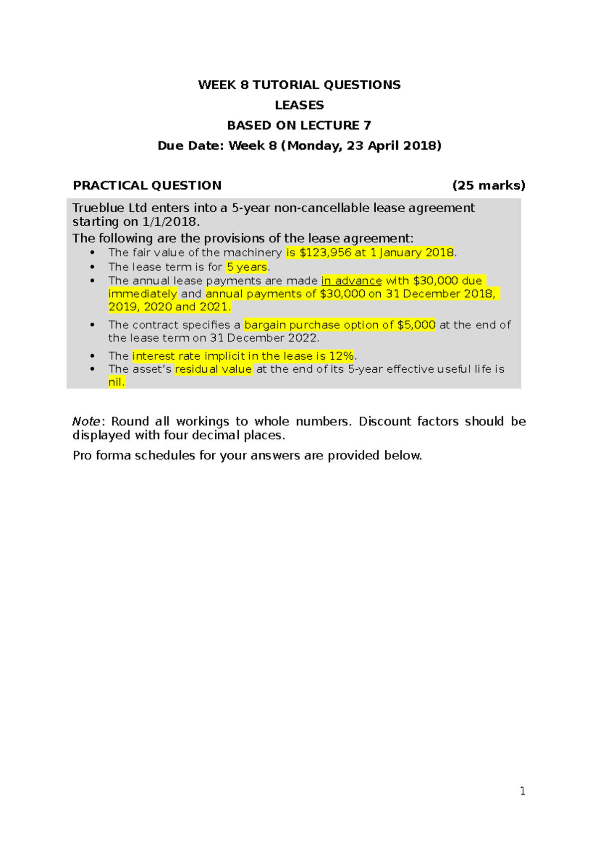 AYB200 SEM 1 2018 WEEK 8 Tutorial Questions - WEEK 8 TUTORIAL QUESTIONS LEASES BASED ON LECTURE ...