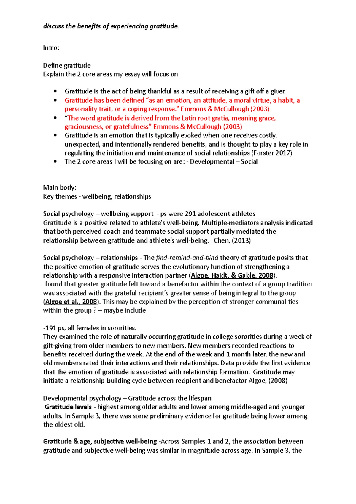 Introduction to Psychology - gratitude essay plan - discuss the ...