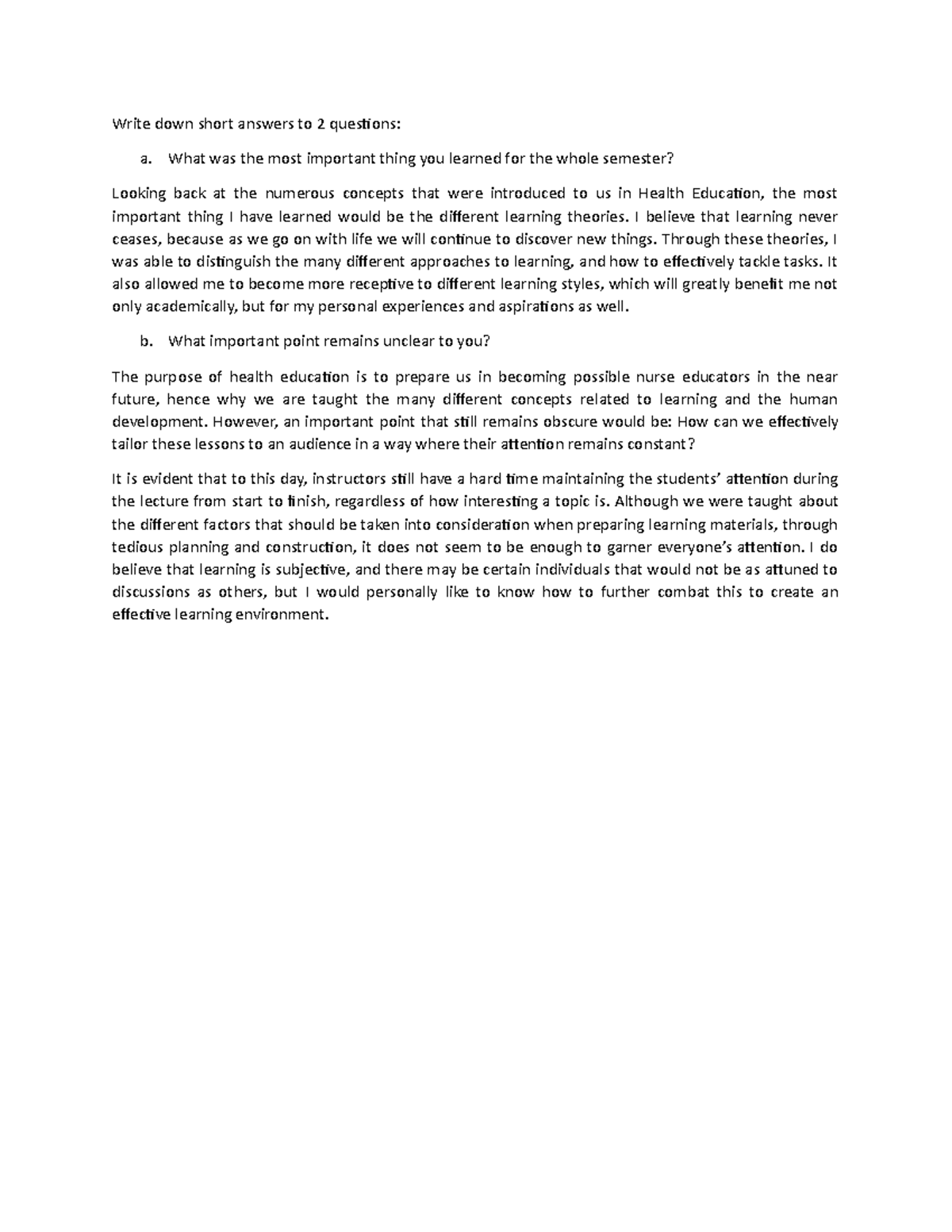 One minute paper - notes - Write down short answers to 2 questions: a ...