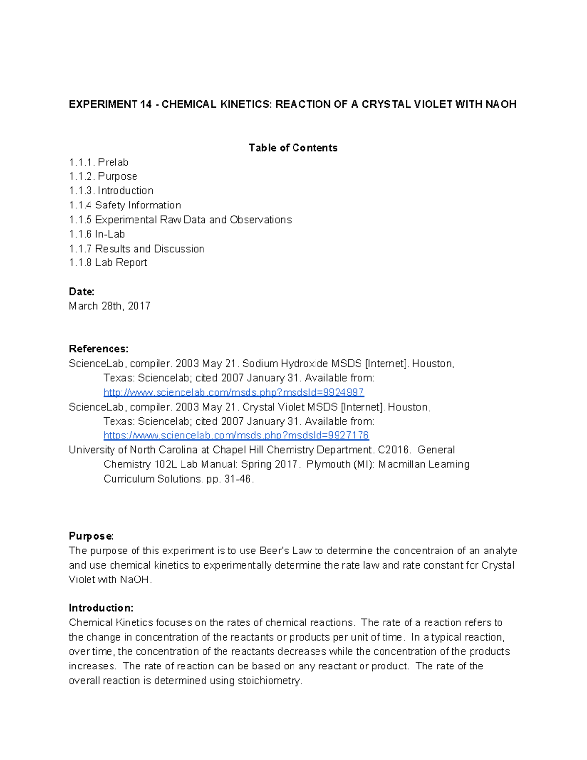 Experiment 14 - EXPERIMENT 14 - CHEMICAL KINETICS: REACTION OF A ...