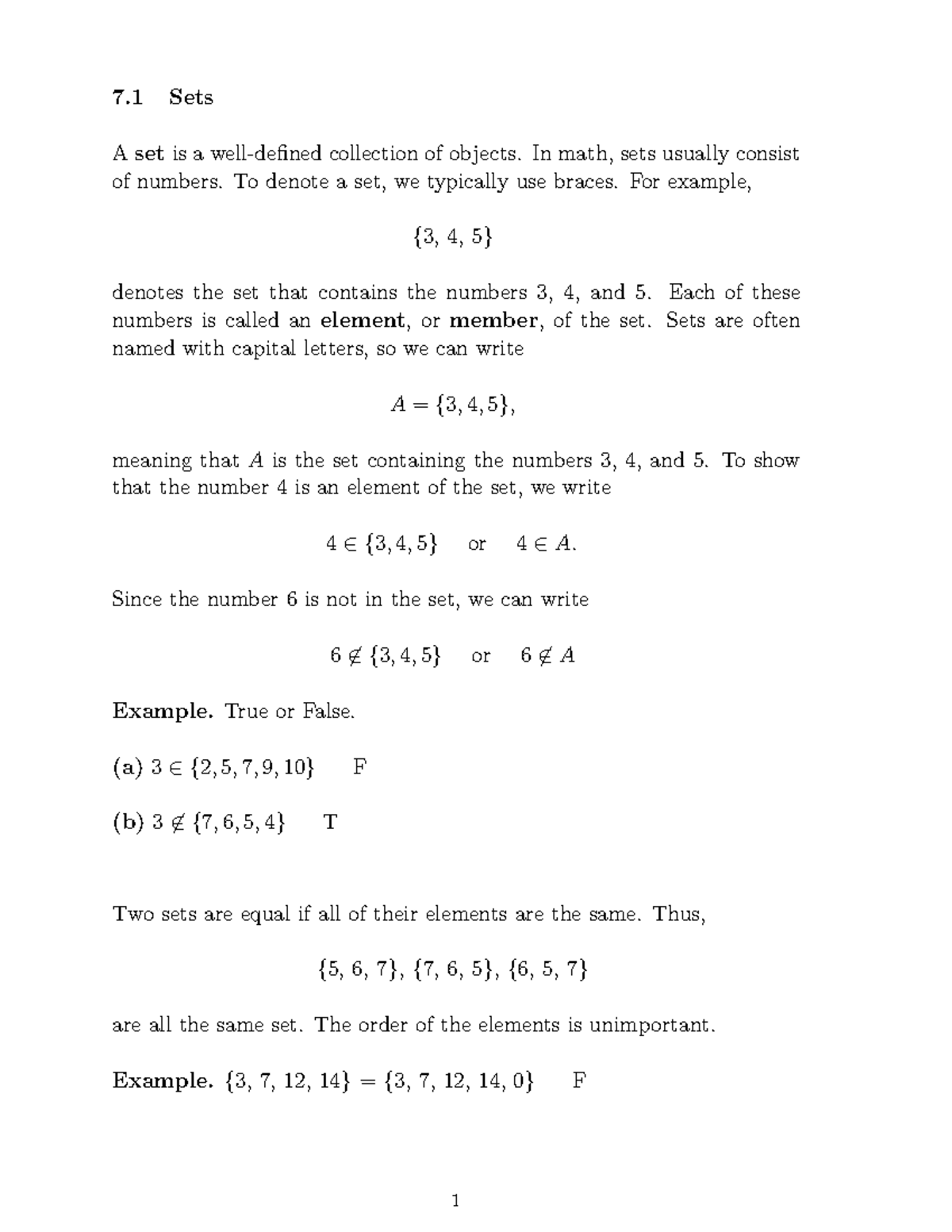 7.1 Sets - n/a - 7 Sets A set is a well-defined collection of objects ...