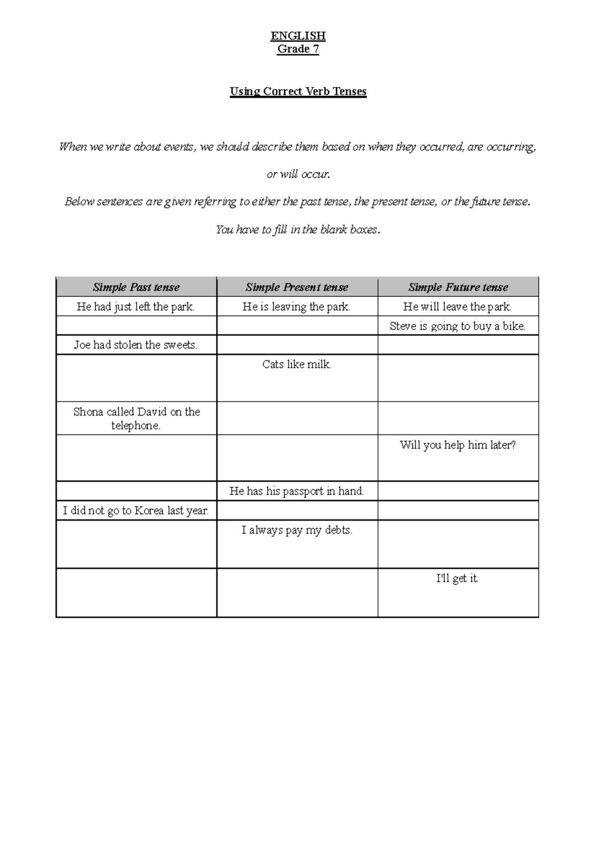 G7 eng verb and tenses worksheetms goorjhun - ENGLISH Grade 7 Using ...