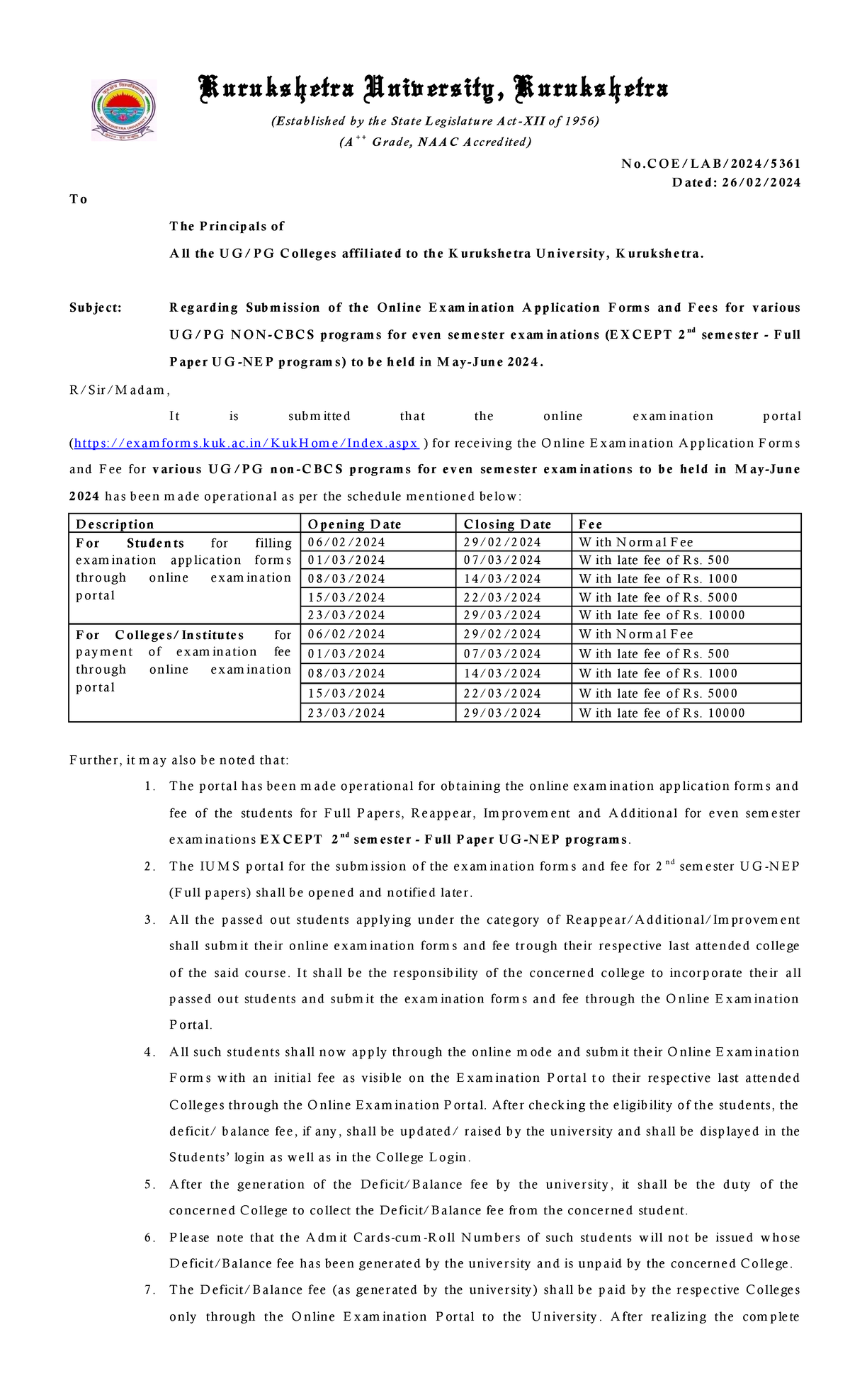 Revised Notification for colleges for submission of examination forms ...