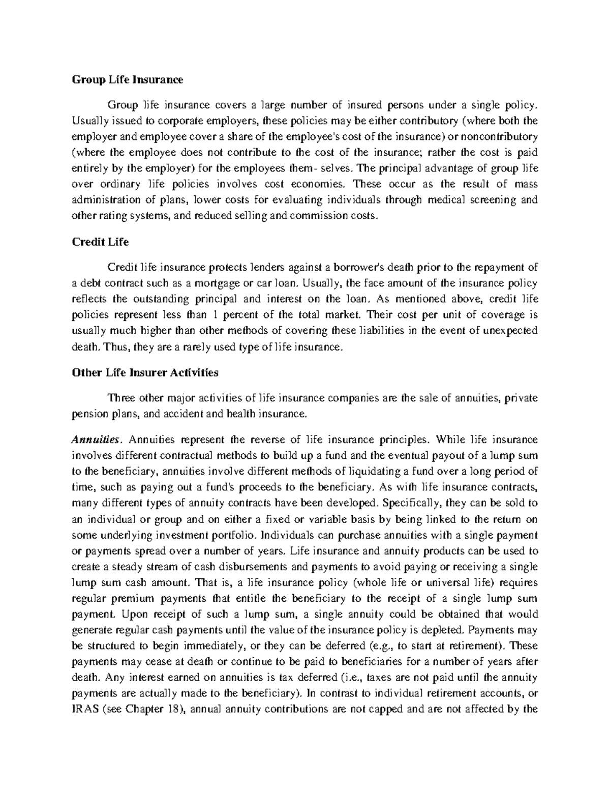 Group Life Insurance, Credit Life and Other Life Insurer Activities ...