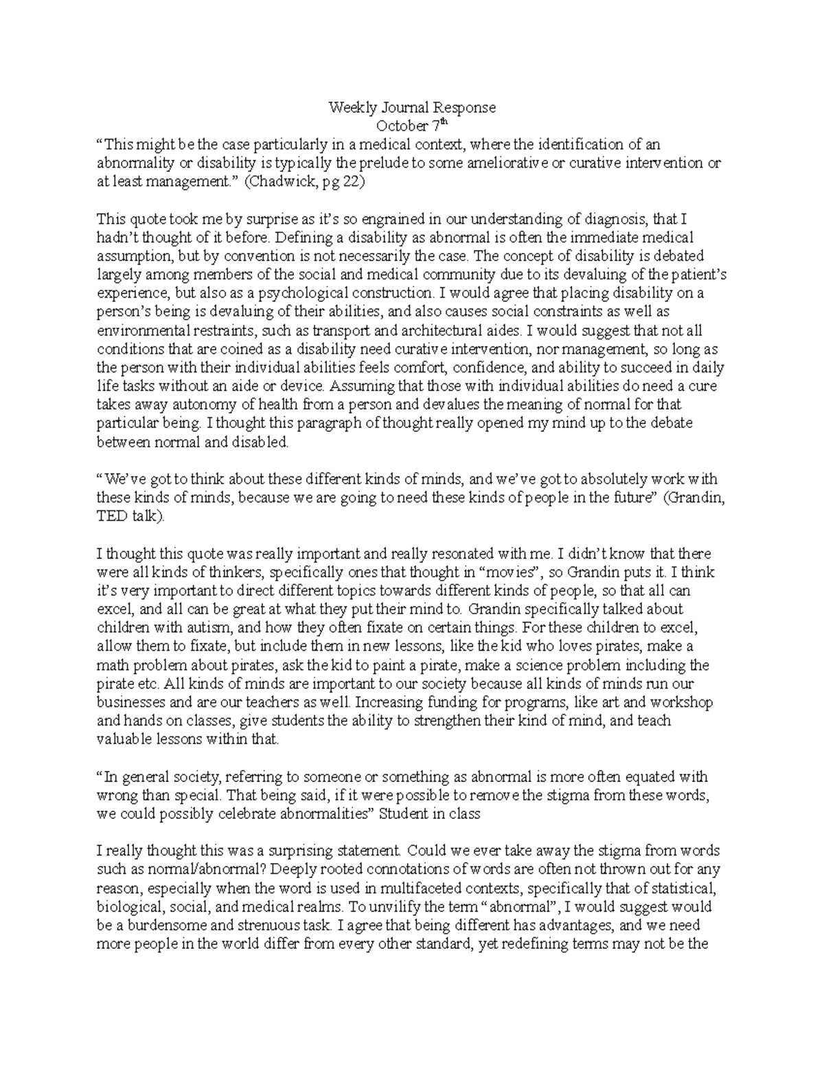 Weekly Journal Response - Weekly Journal Response October 7th “This ...