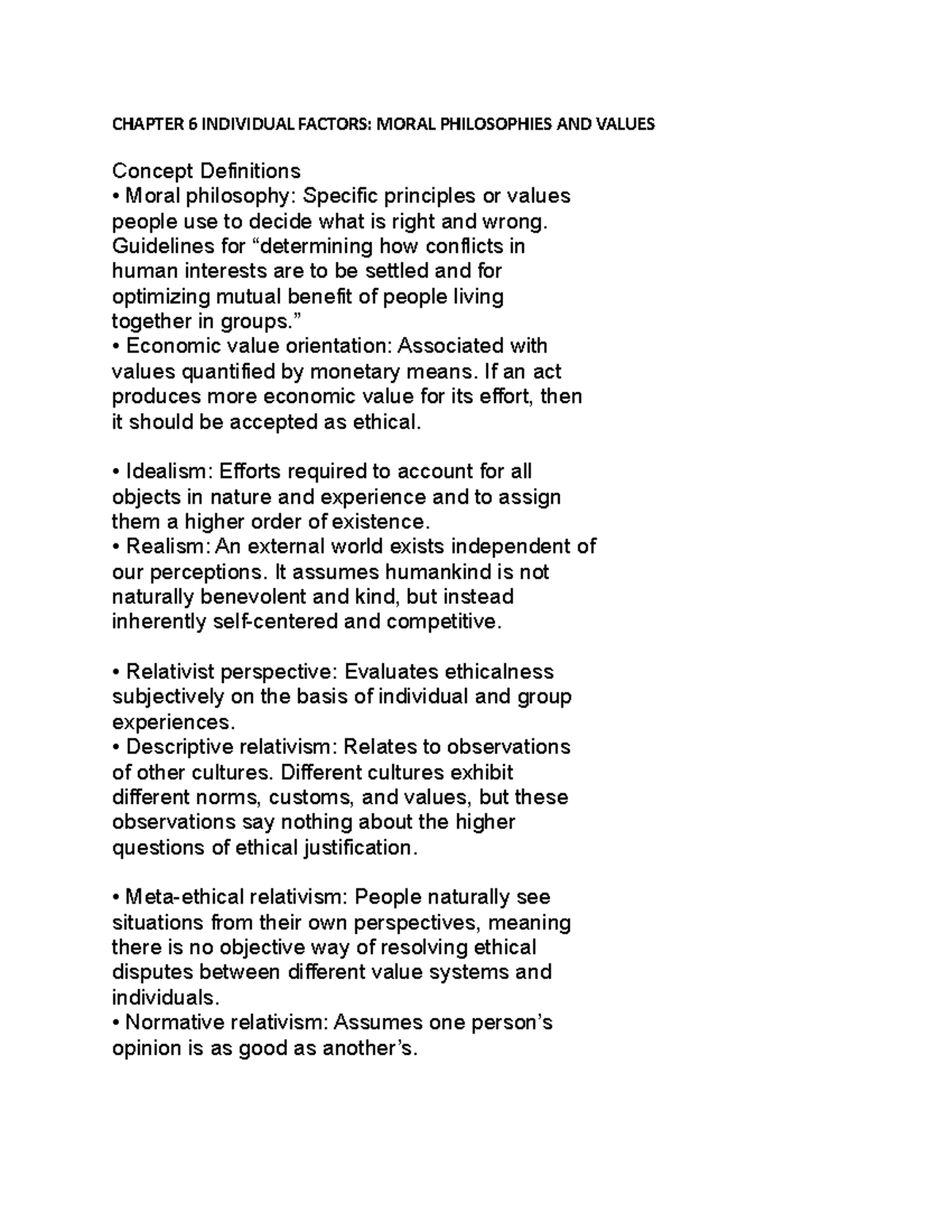 Chapter 6 Individual Factors - CHAPTER 6 INDIVIDUAL FACTORS: MORAL PHILOSOPHIES AND VALUES ...