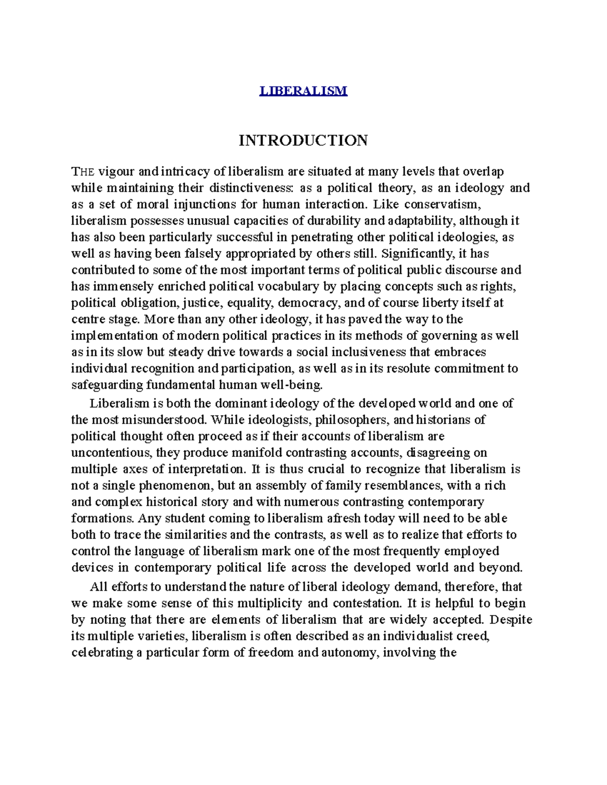 Liberalism - LIBERALISM INTRODUCTION THE vigour and intricacy of ...