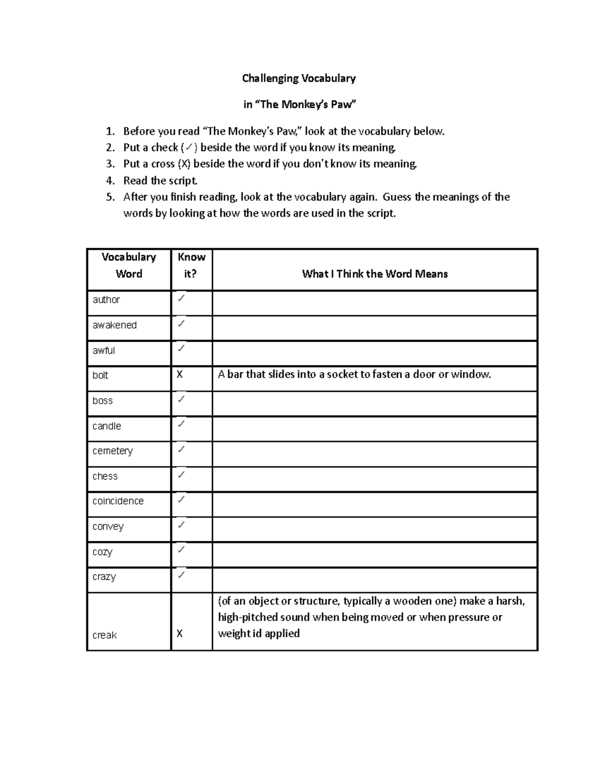 Laura-ENG Monkeys Paw Play vocabulary - Challenging Vocabulary in “The ...