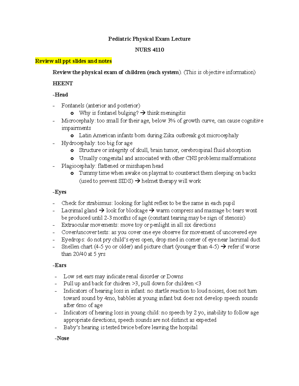 Pediatric Nursing Test 1 - Pediatric Physical Exam Lecture NURS 4110 ...
