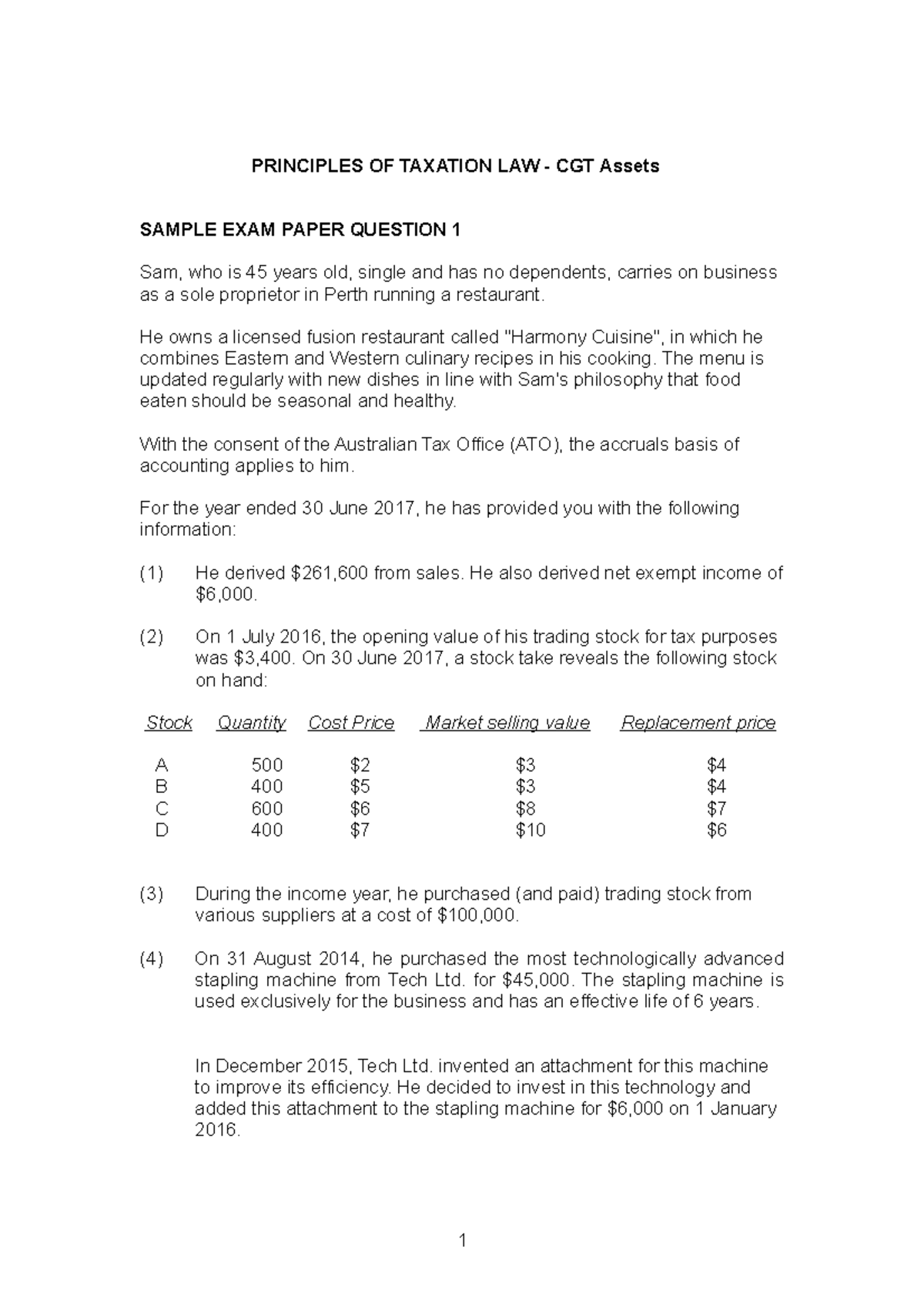 Sample Paper for CGT Practice - PRINCIPLES OF TAXATION LAW CGT Assets ...