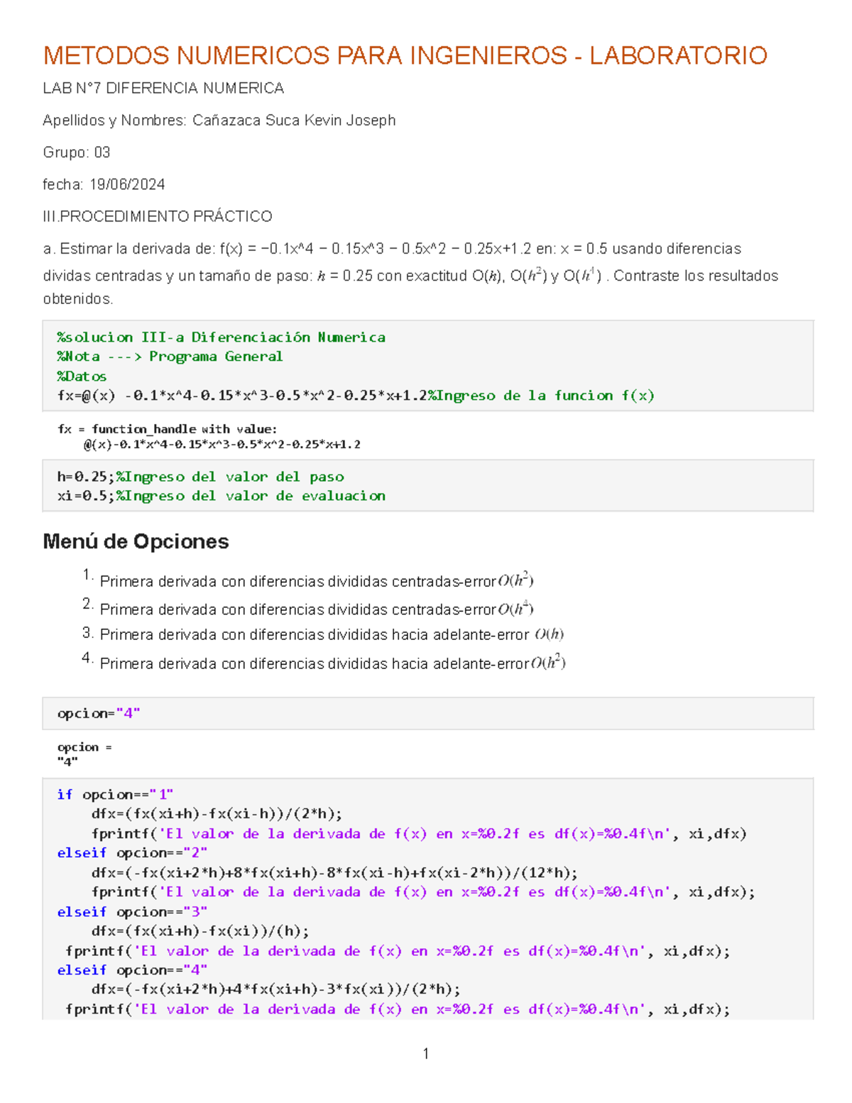 190624 Metodos Numericos - METODOS NUMERICOS PARA INGENIEROS - LABORATORIO LAB N°7 DIFERENCIA ...