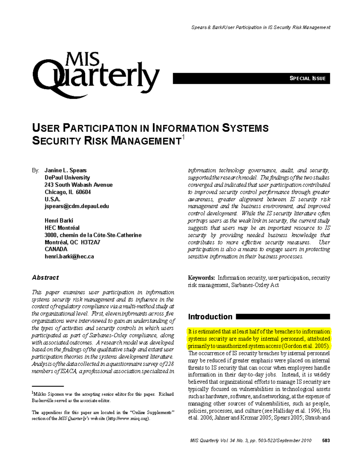 #5. USER Participation IN Information Systems Securitiy RISK Management ...