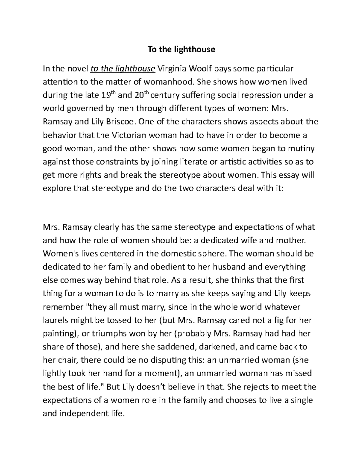 To the lighthous 2 - novel literary analysis - To the lighthouse In the ...