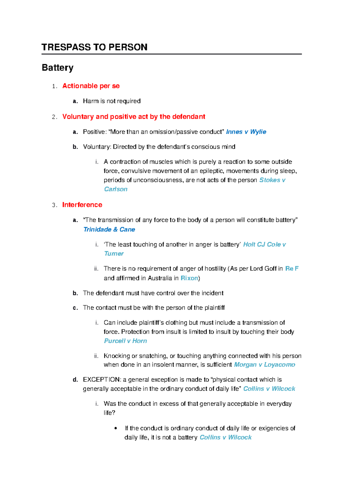Torts A - Summary - Intentional Torts to the Person sample - TRESPASS ...