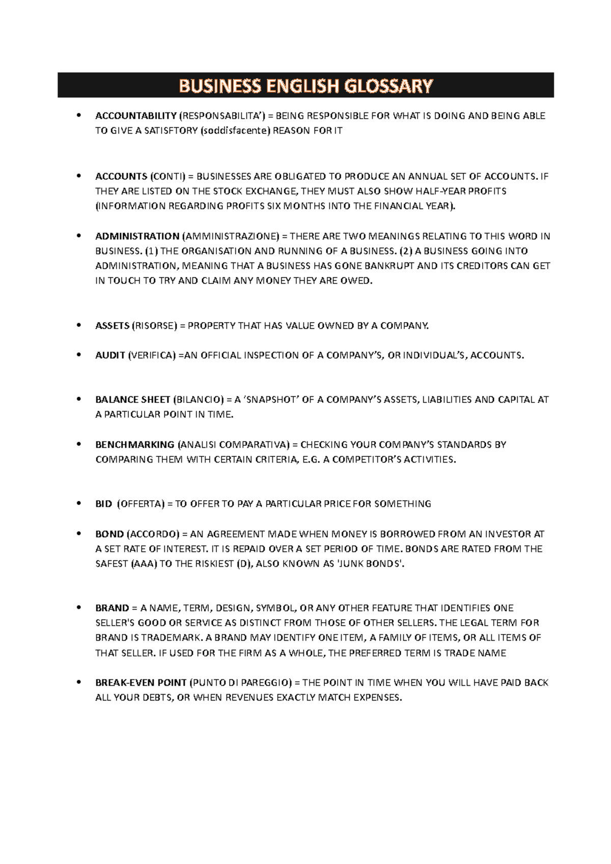 Business English Glossary - BUSINESS ENGLISH GLOSSARY ACCOUNTABILITY ...