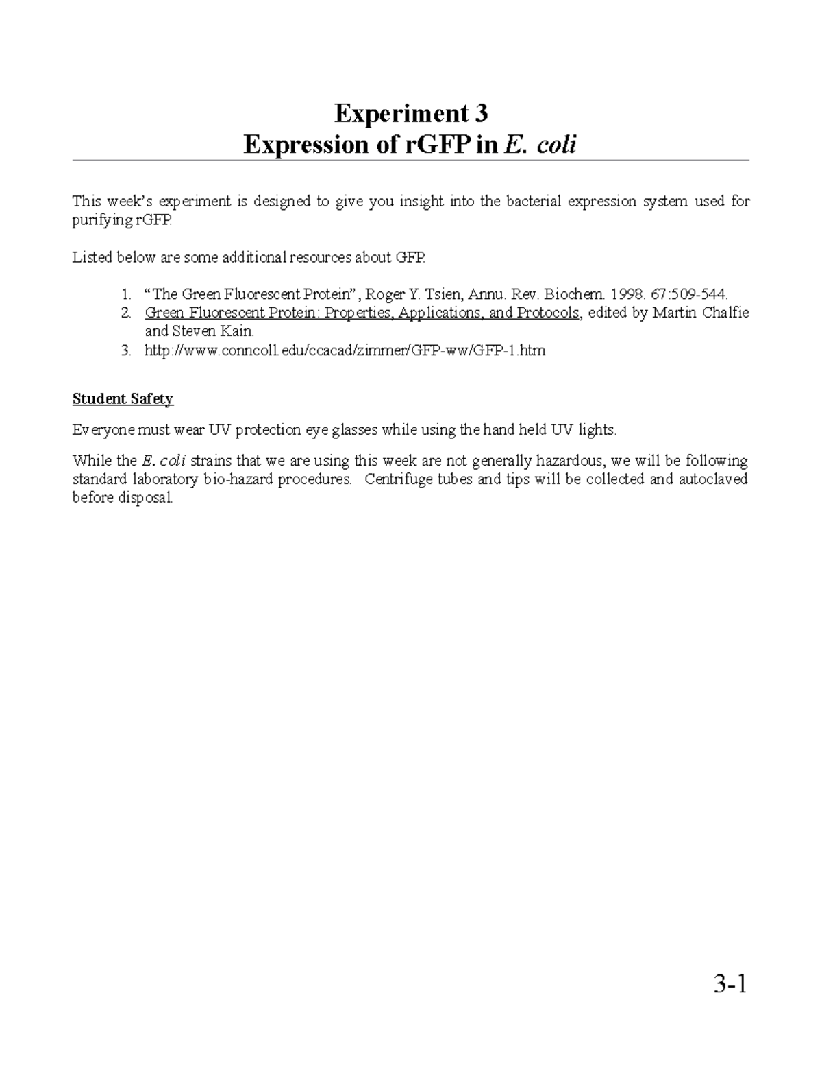 Lab 3 Protocol F23 Lab Worksheet Experiment 3 Expression Of Rgfp In E Coli This Weeks 