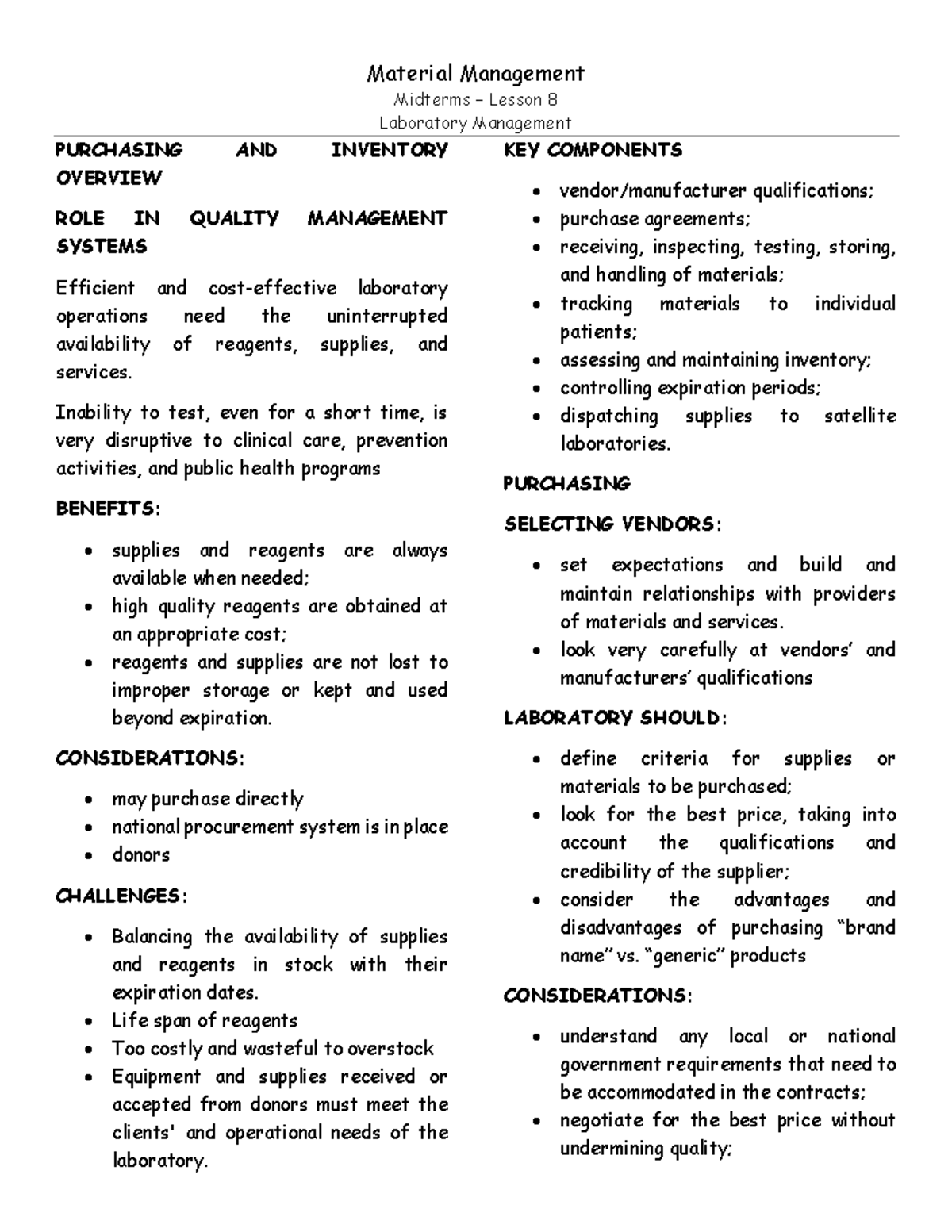 Material Management - Summary notes - Material Management Midterms ...