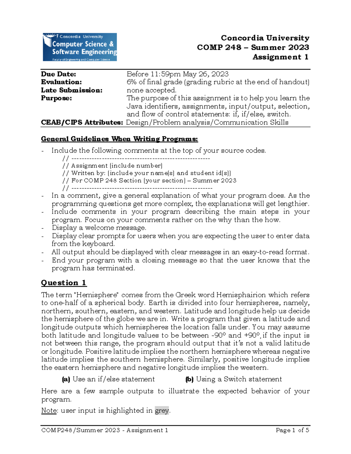 C248 A1 2023S - chapter 1 - Concordia University COMP 248 – Summer 2023 Assignment 1 Due Date ...