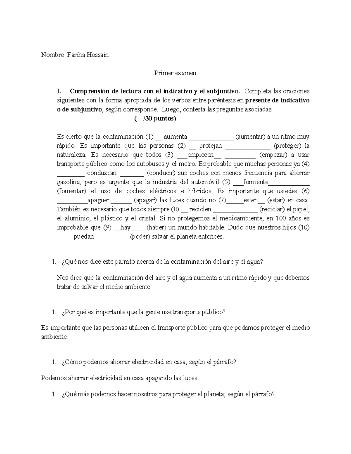 Spanish Exam - Old Exam paper for practice. - Nombre: Fariha Hossain ...
