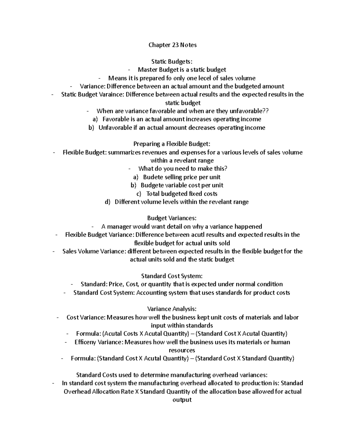 Chapter 23 Notes - Chapter 23 Notes Static Budgets: Master Budget is a ...