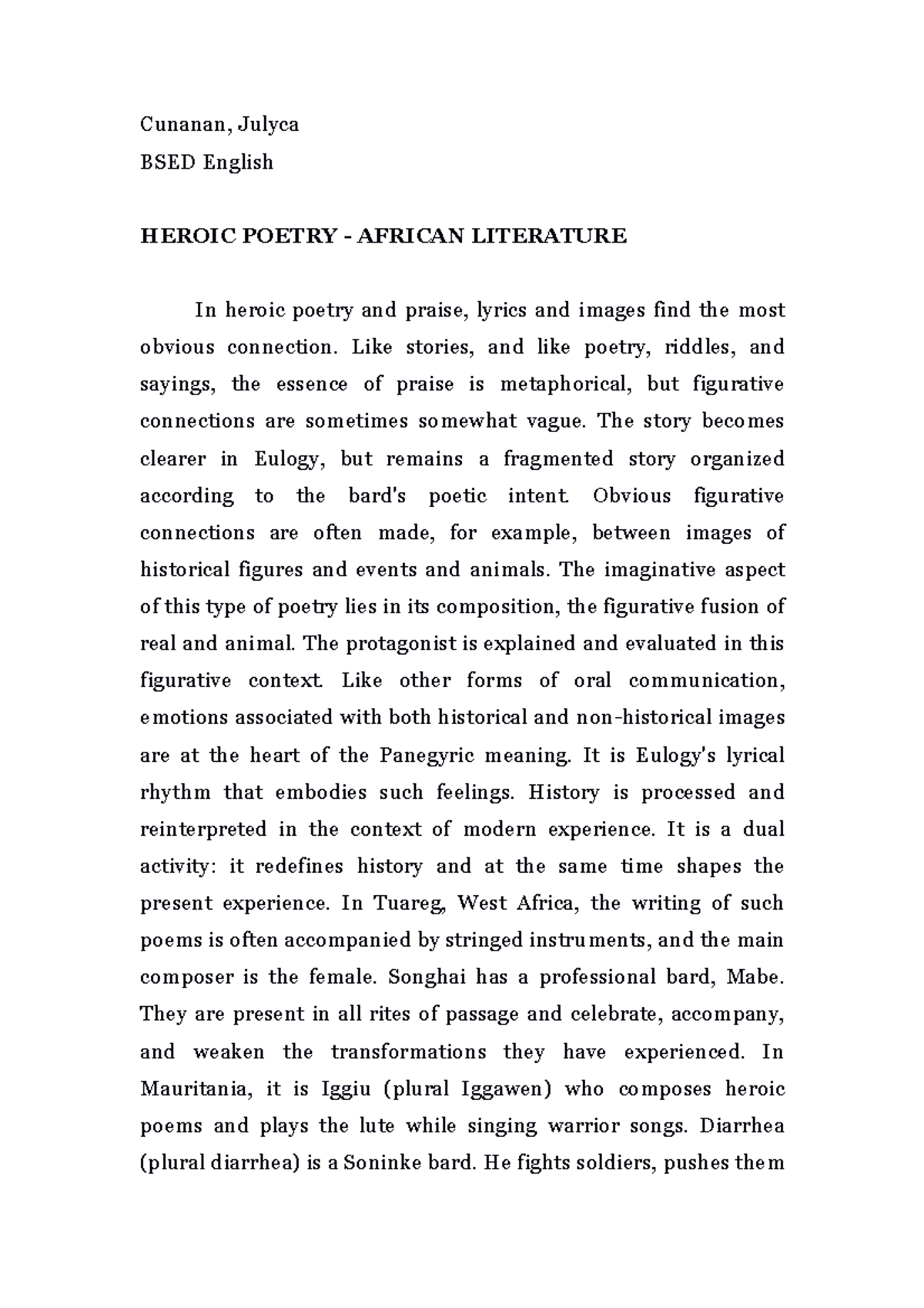 Heroic Poetry - African Literature - Cunanan, Julyca BSED English ...