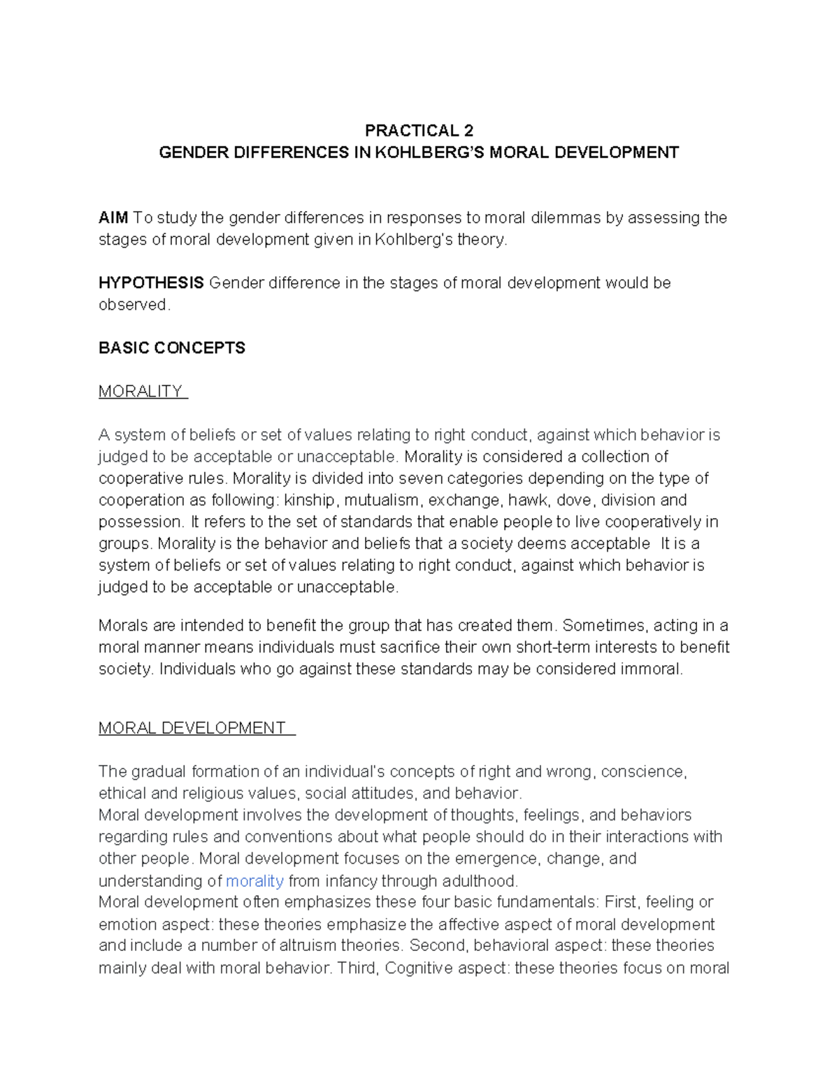 GENDER DIFFERENCES IN KOHLBERG’S MORAL DEVELOPMENT - HYPOTHESIS Gender ...