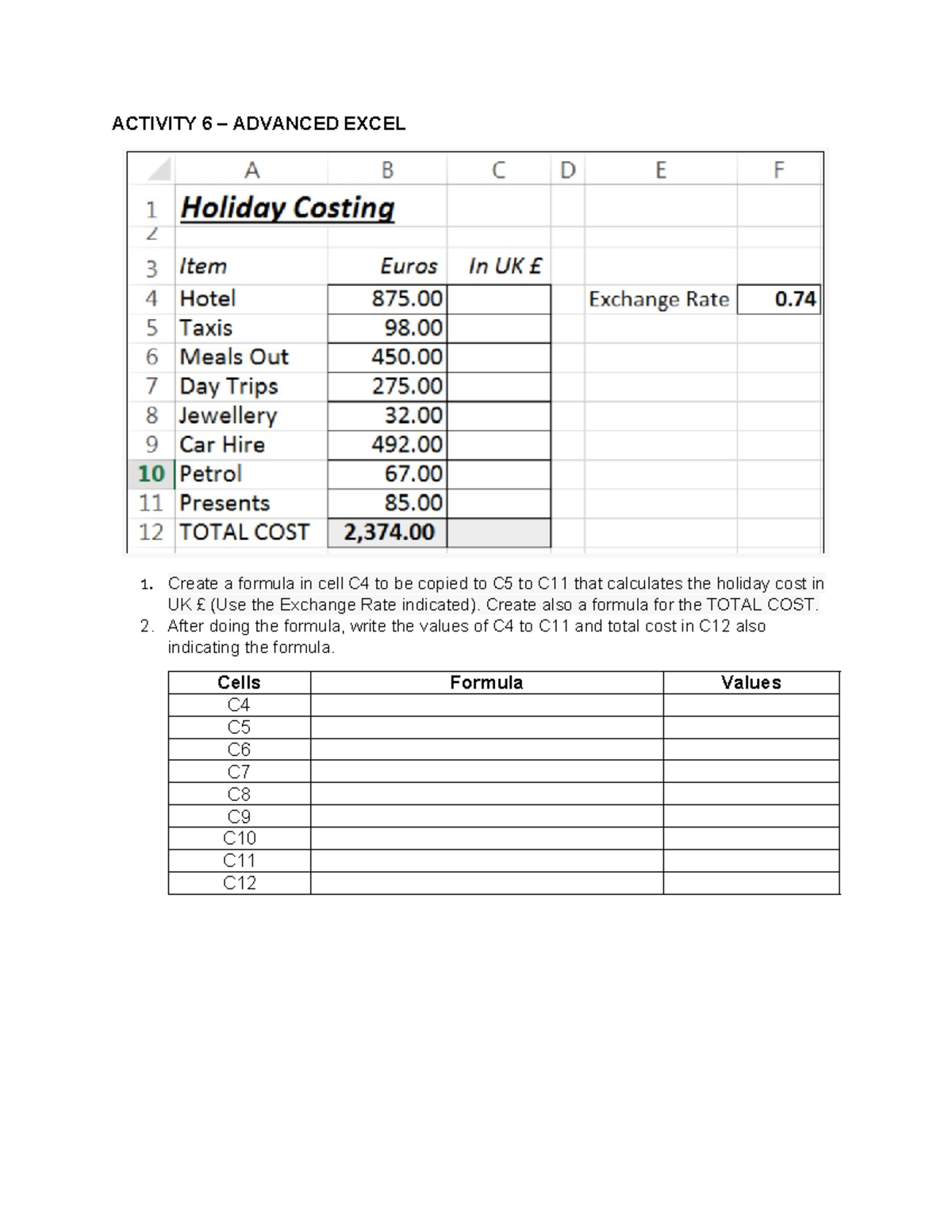 Activity 6 - Advanced Excel - TLE 9 - Q4 Technical Drafting - ACTIVITY ...