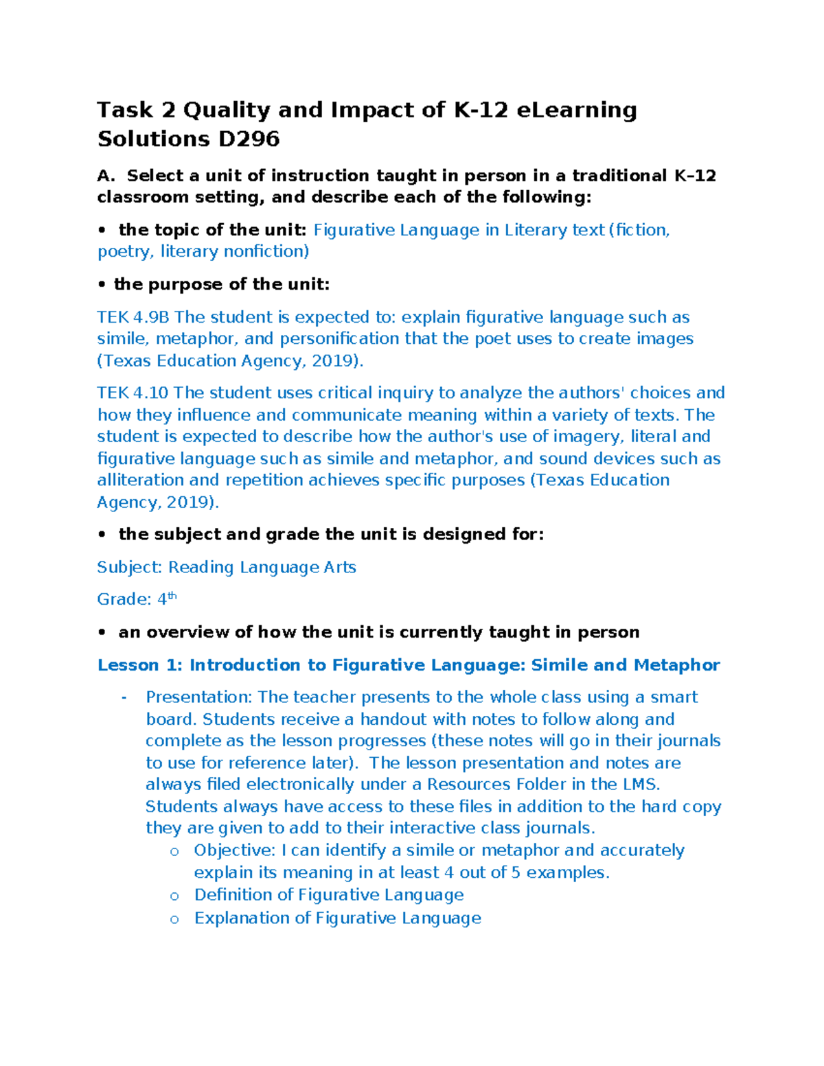 Task 2 Quality and Impact of K-12 e Learning Solutions D296 - Select a ...