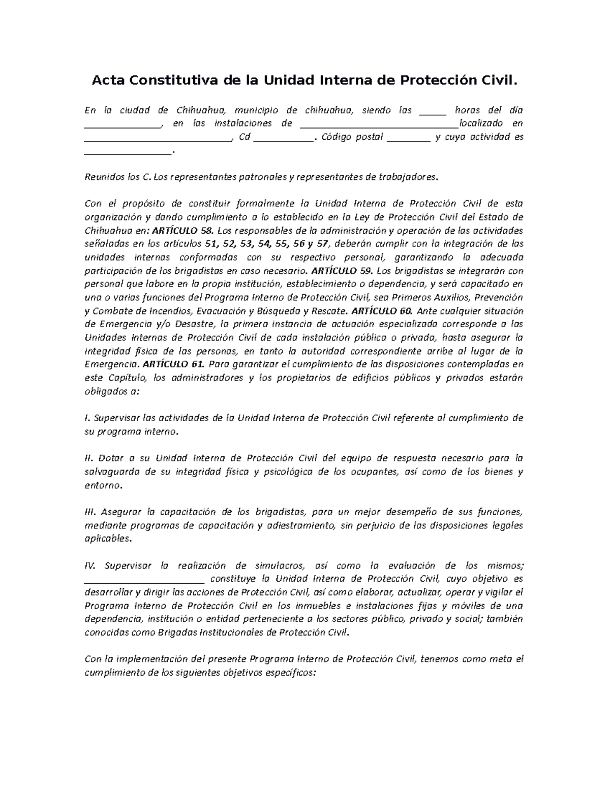 ACTA Constitutiva UIPC - Acta Constitutiva de la Unidad Interna de Protección Civil. En la ...