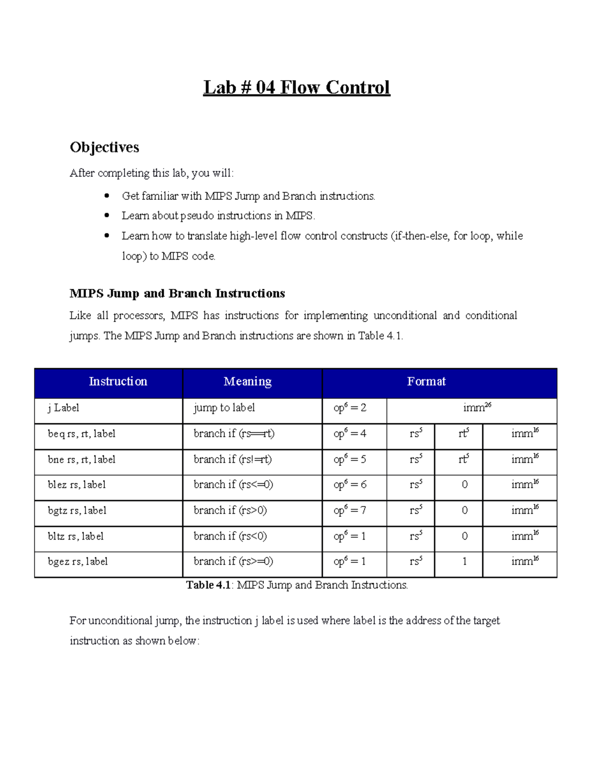 CPE 343 Lab04 Fall2021 - computer organization and architecture lab 4 - Lab # 04 Flow Control ...