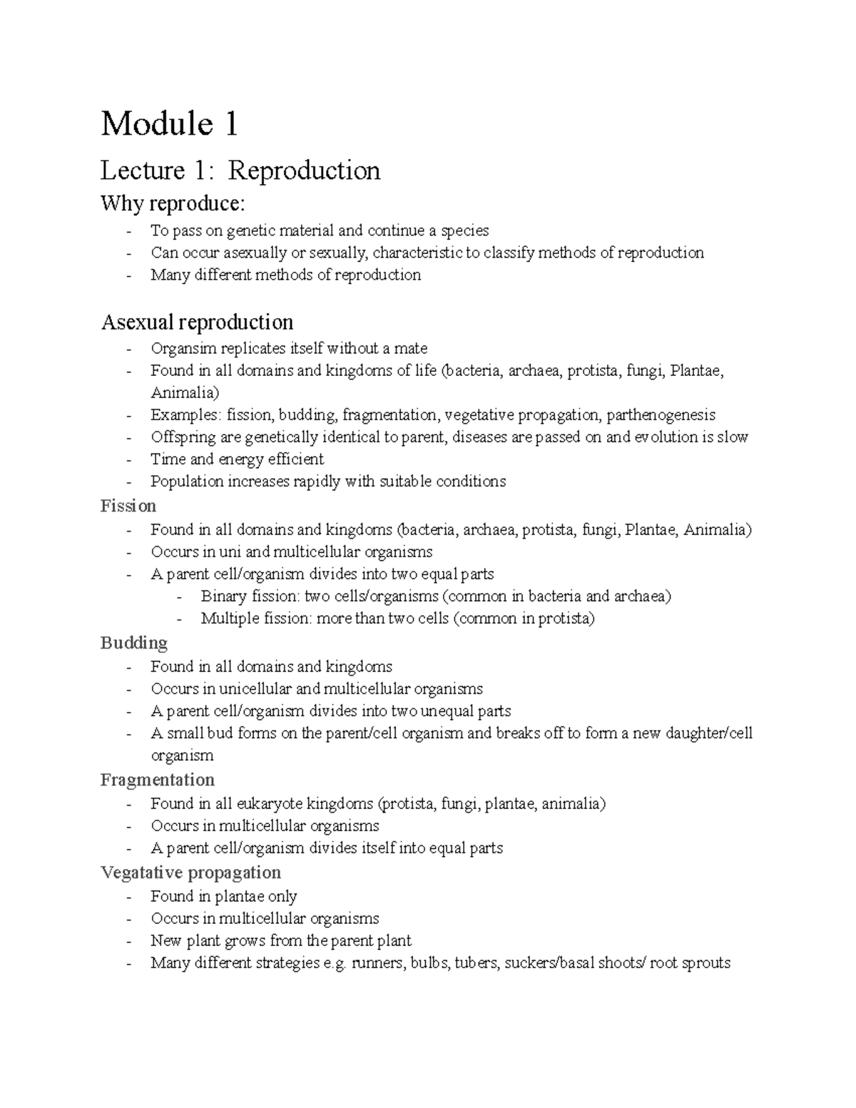 BIOL10010 Module 1 - Module 1 Lecture 1: Reproduction Why reproduce ...