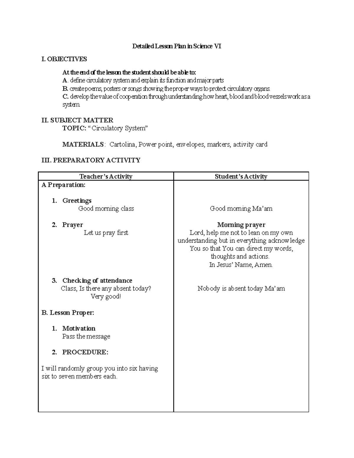 Lesson plan in science VI - Detailed Lesson Plan in Science VI I ...