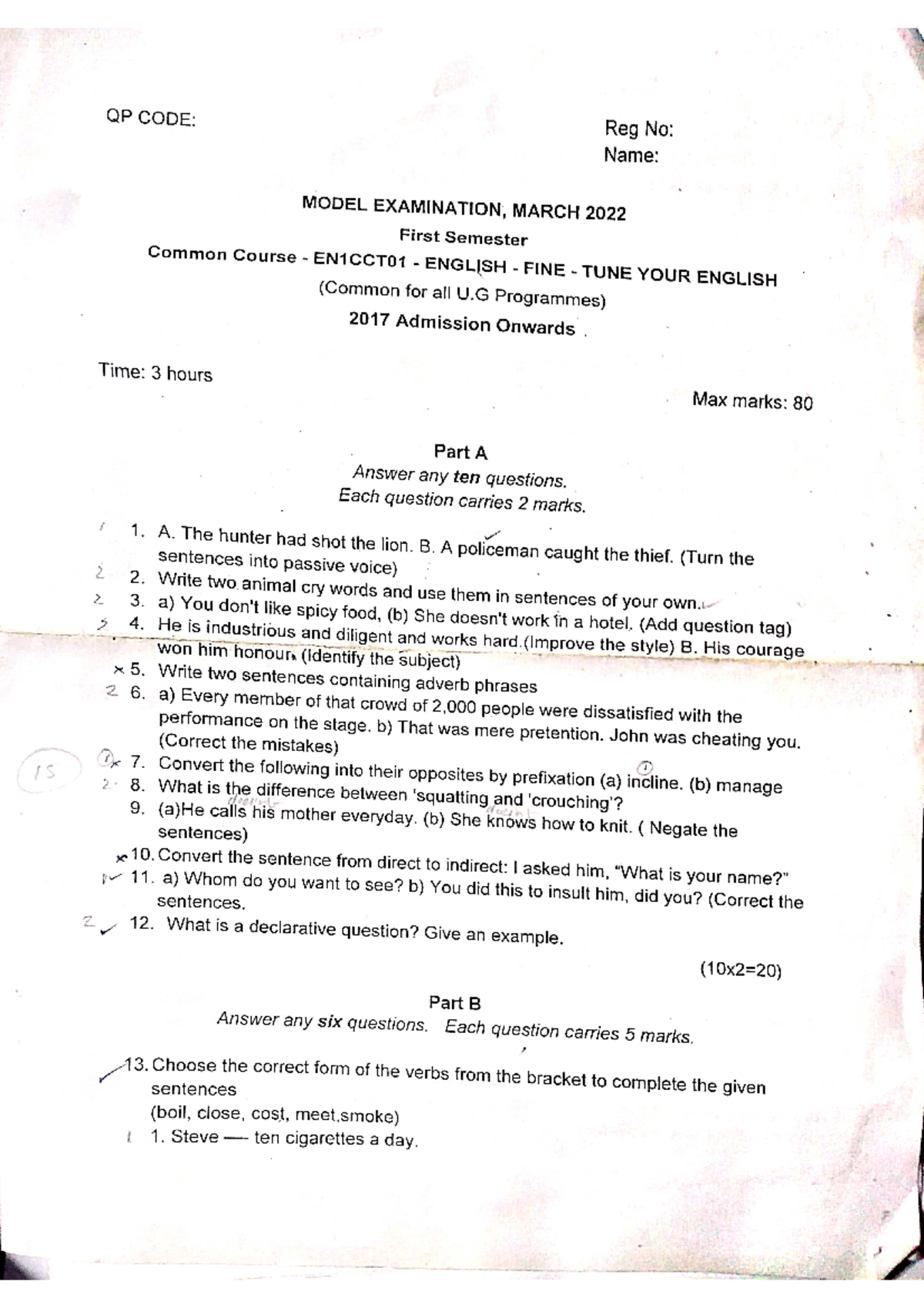 Fine tune your english 1st sem - QP CODE: Reg No: Name: MODEL ...