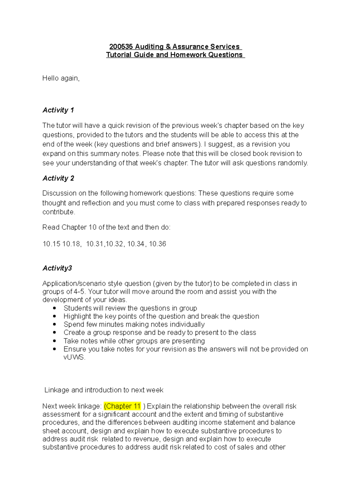 Tutorial Guide for the students - 200535 Auditing & Assurance Services Tutorial Guide and - Studocu