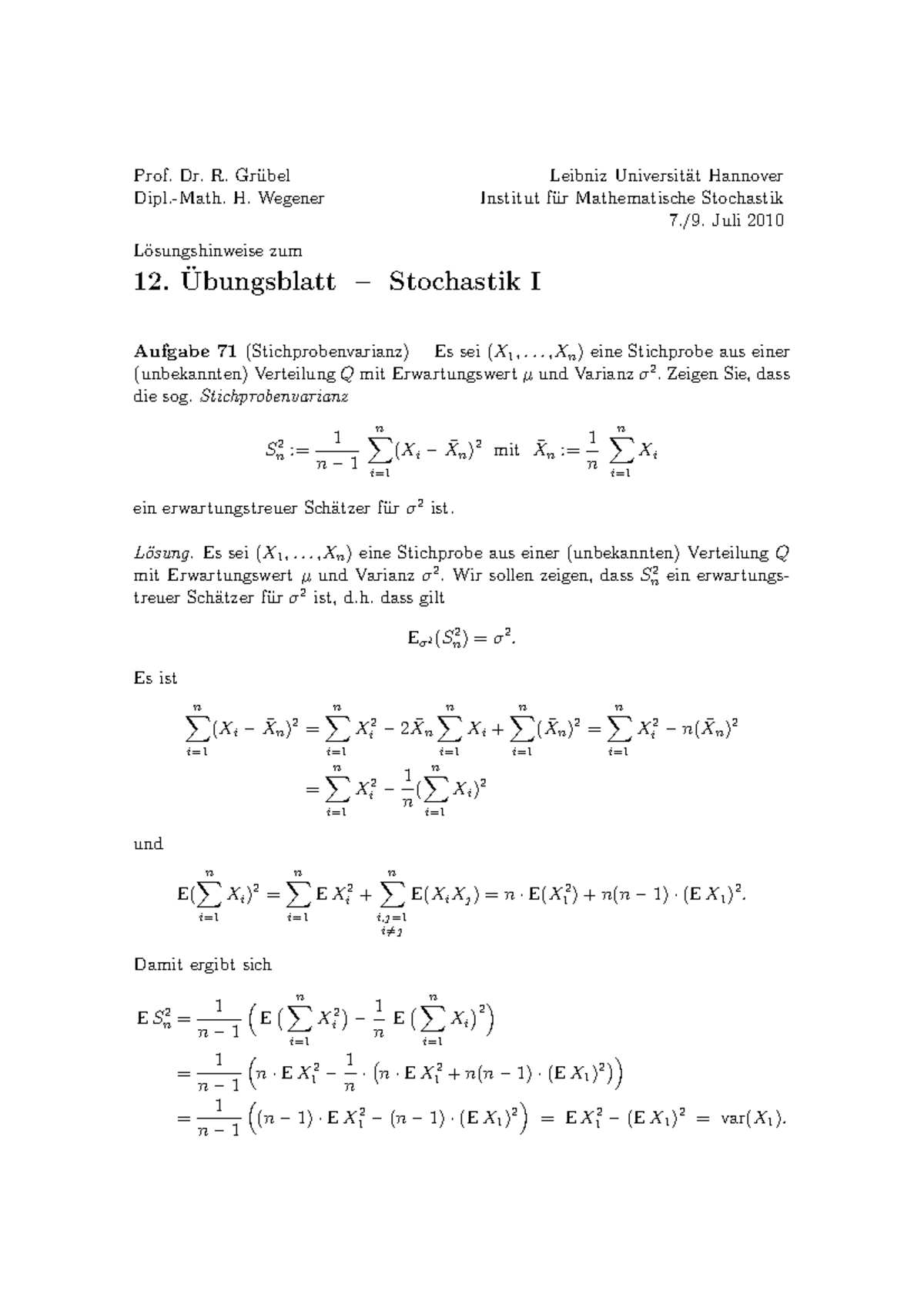 Stochastik-1 grübel 2010 hausuebung 12 loesung - Prof. Dr. R. Grübel ...