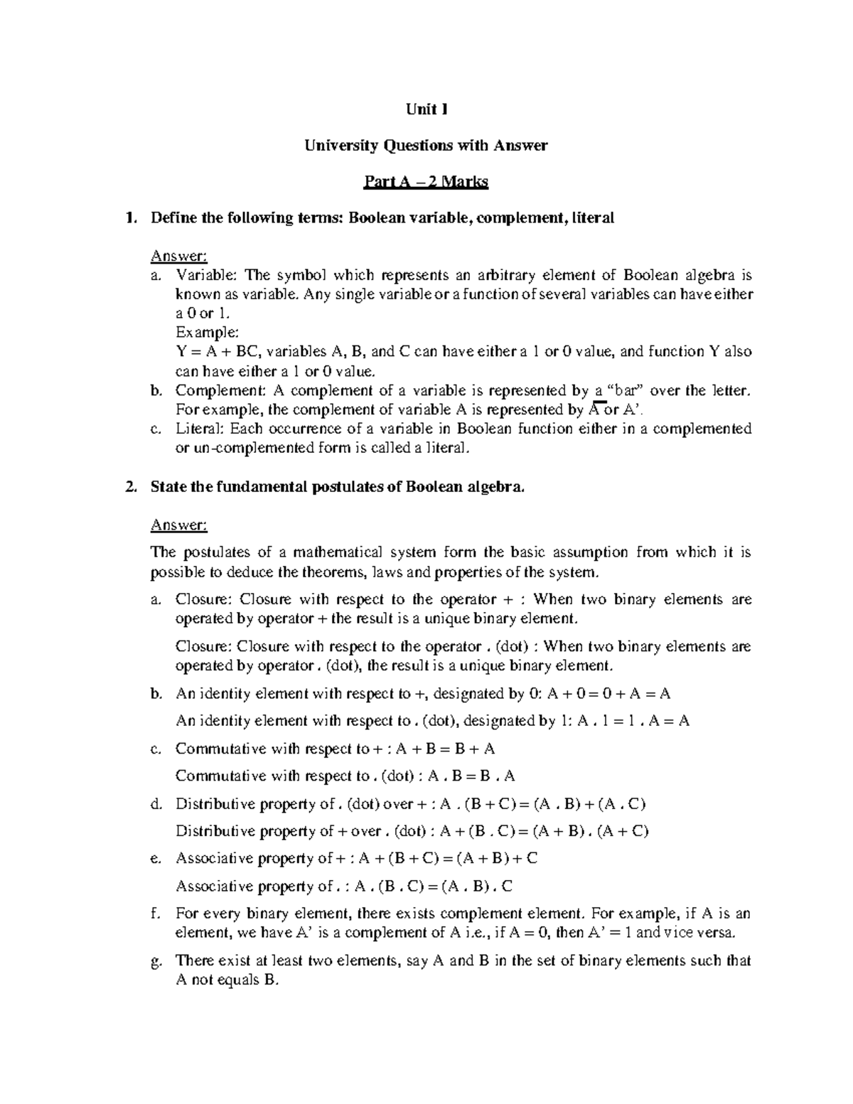 Digital Electronics Questions with Answers - Unit I University ...