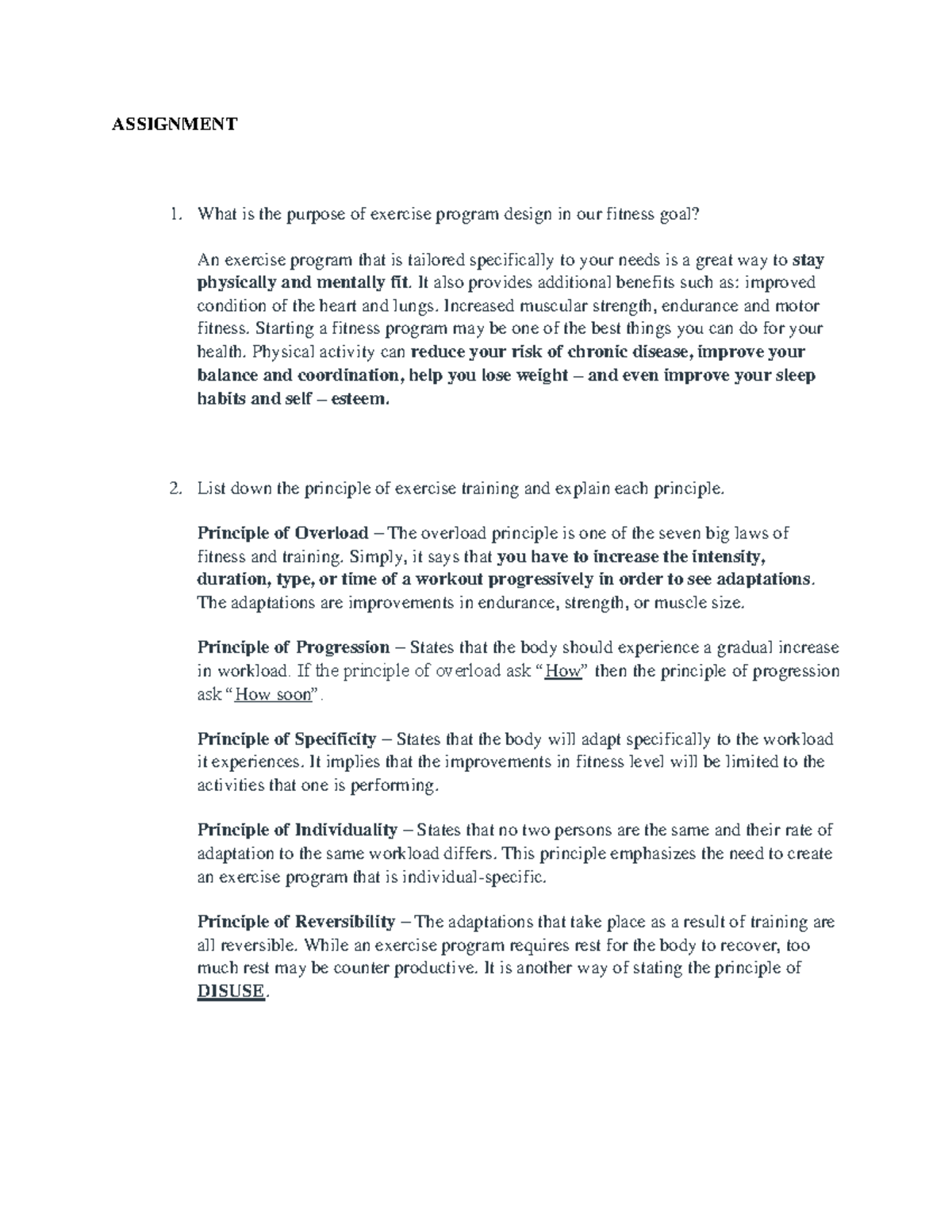 Assignment OCT-01 - notes - ASSIGNMENT What is the purpose of exercise ...